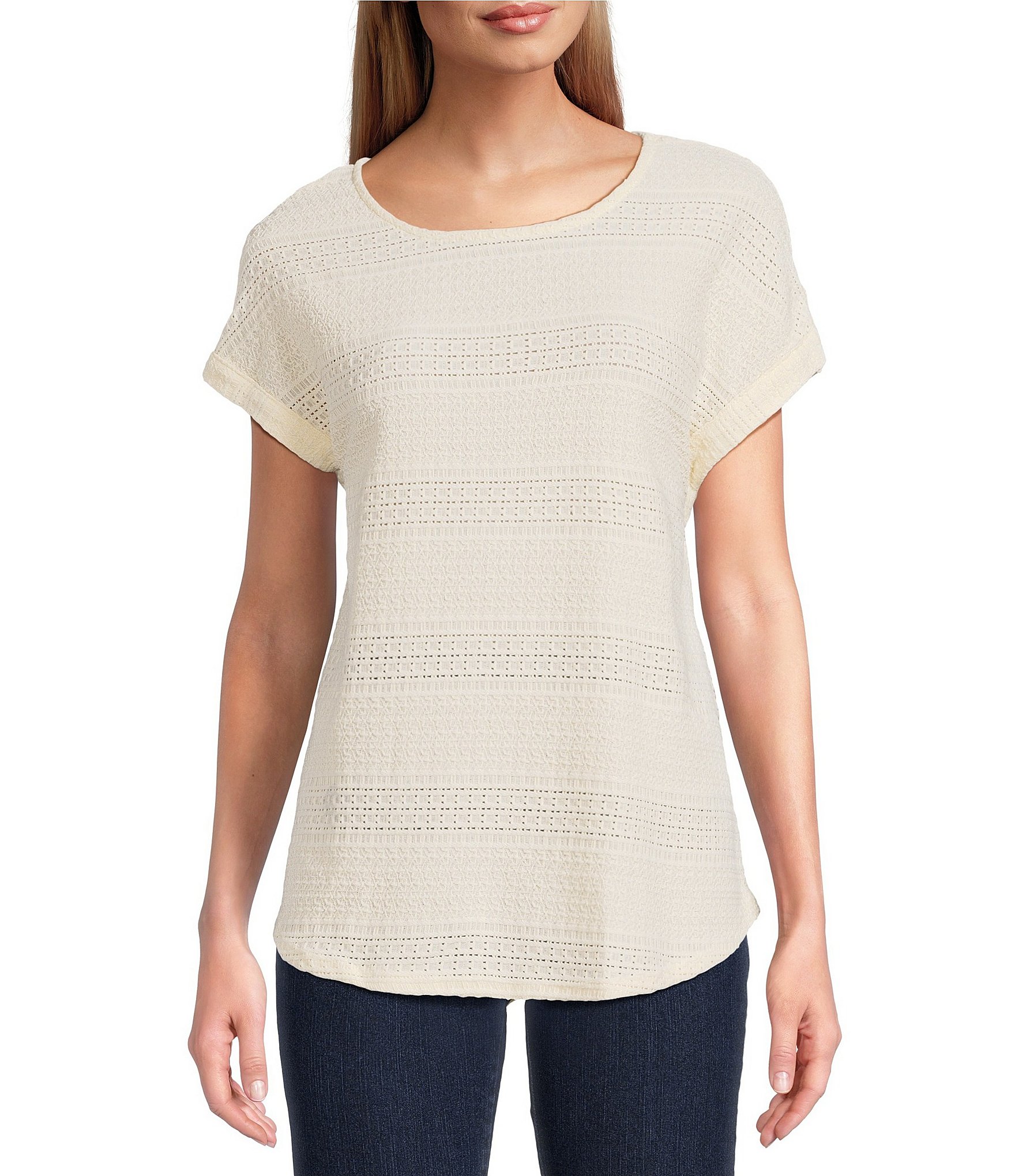 Ruby Rd. Petite Size Crochet Knit Boat Neck Short Button Tab Sleeve Top ...