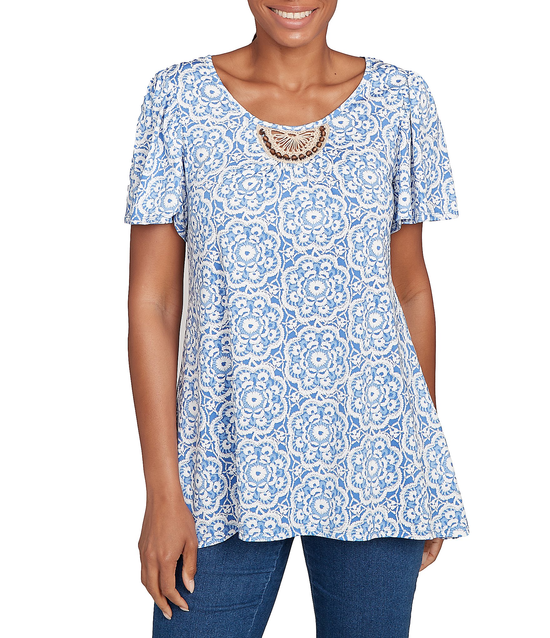 Ruby Rd. Petite Size Embellished Beaded Macrame Scoop Neck Short Sleeve ...