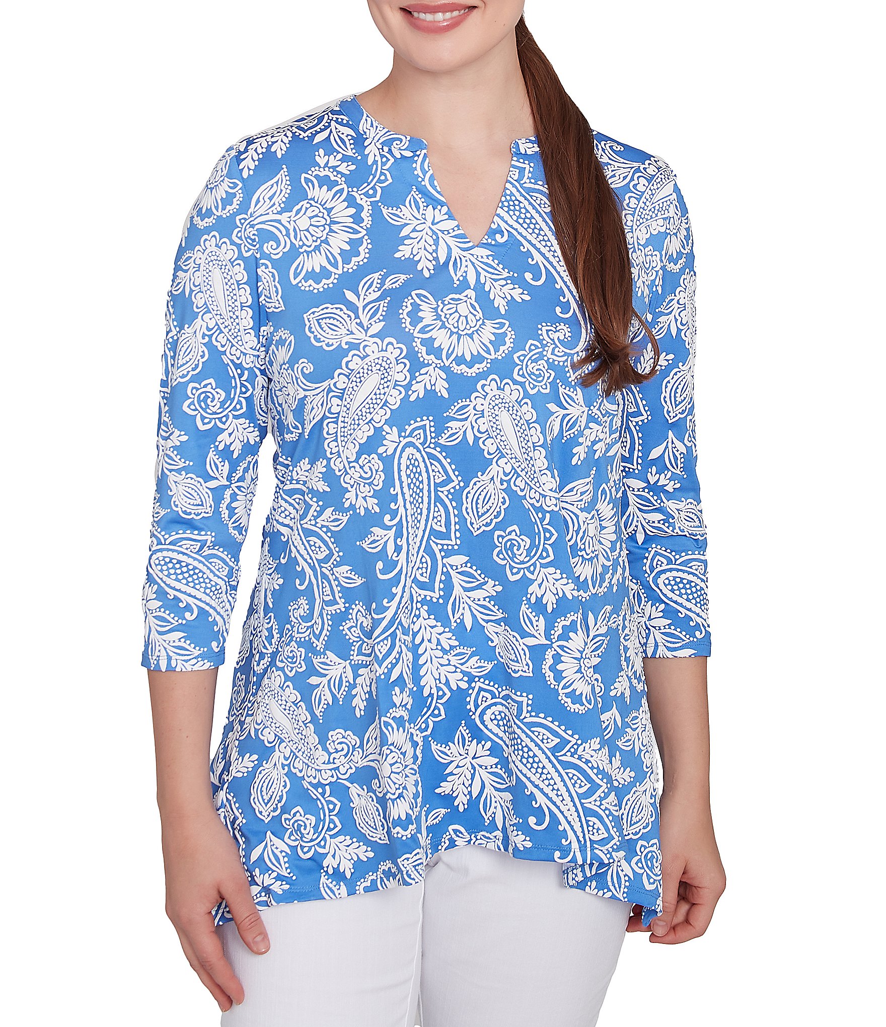 Ruby Rd. Petite Size Jacobean Paisley Puff Split V-Neck 3/4 Sleeve Top ...