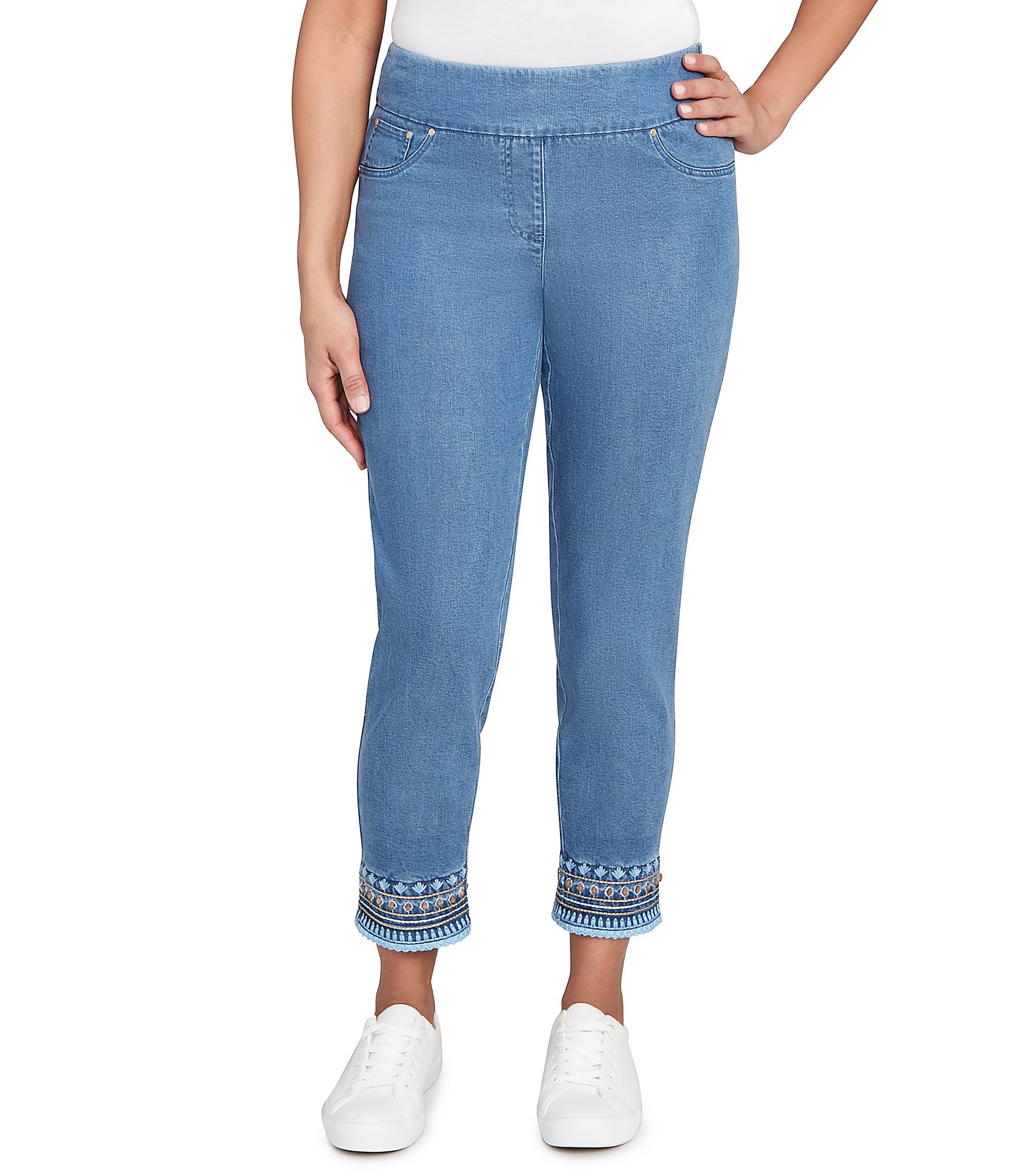 Ruby Rd. Petite Size Embroidered Hem Pull-On Ankle Jeans | Dillard's