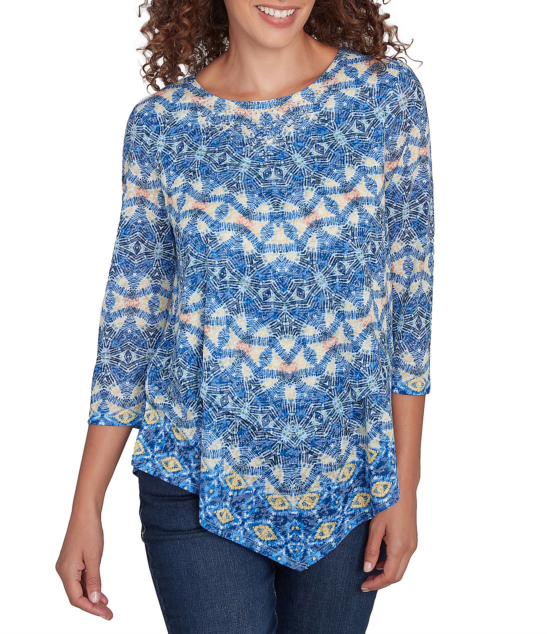 Ruby Rd. Petite Size Knit Embellished Crew Neck 3/4 Sleeve Asymmetrical ...