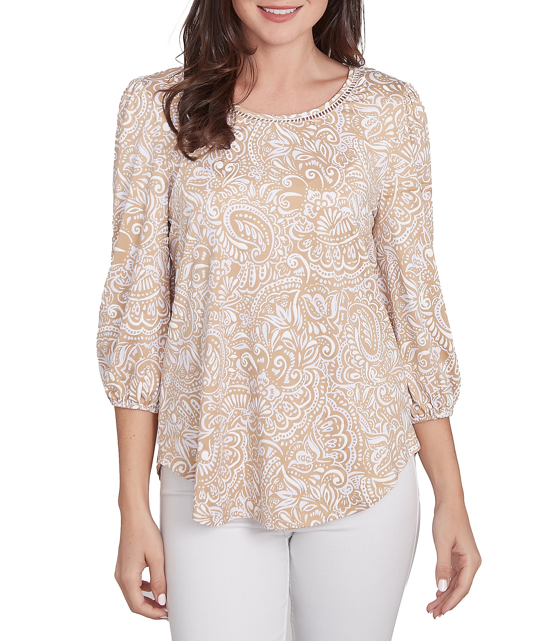 Ruby Rd. Petite Size Knit Mixed Pattern Print Ladder Stitch Scoop Neck ...