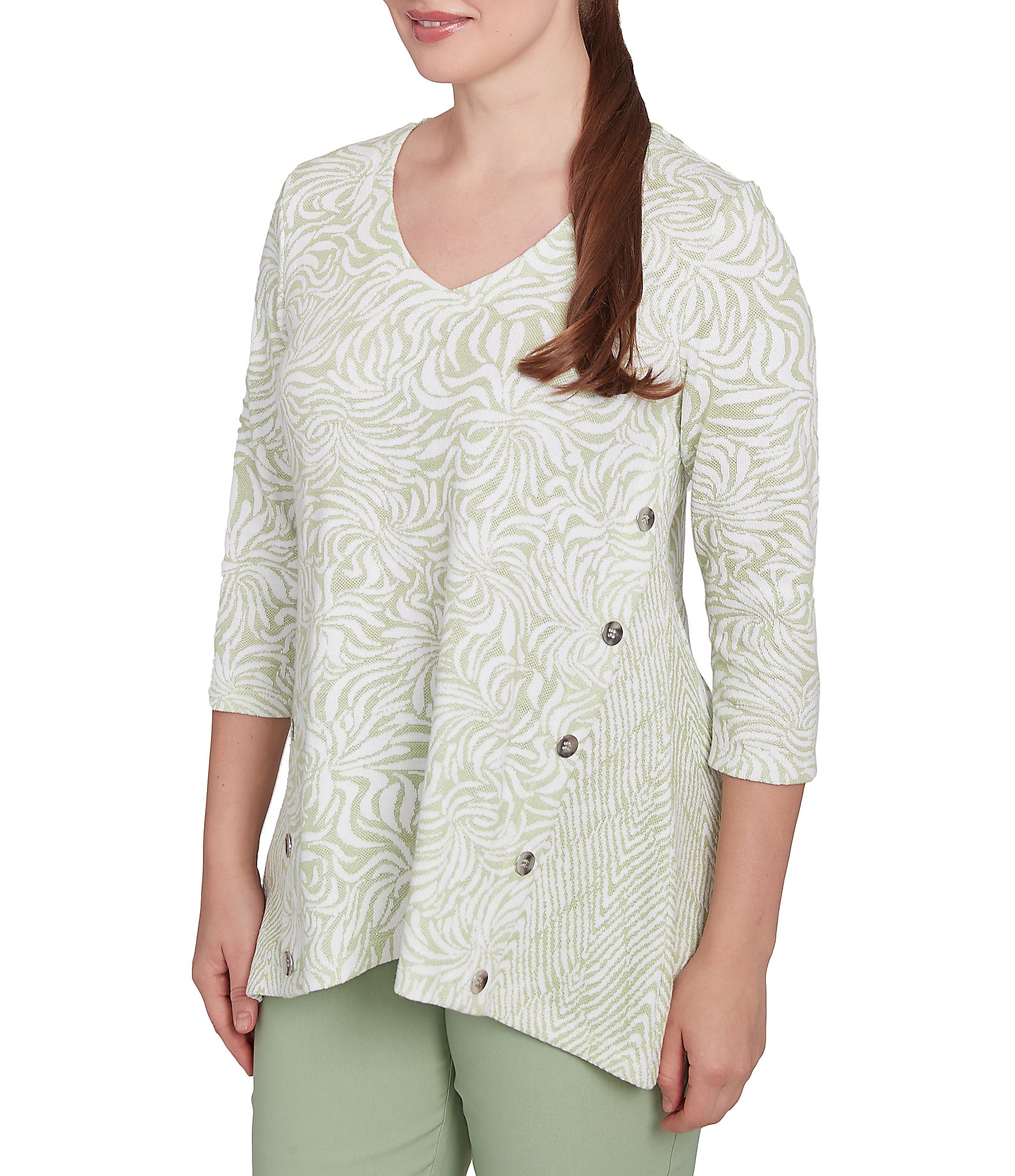 Ruby Rd. Petite Size Knit Swirl Jacquard V-Neck 3/4 Sleeve Top | Dillard's