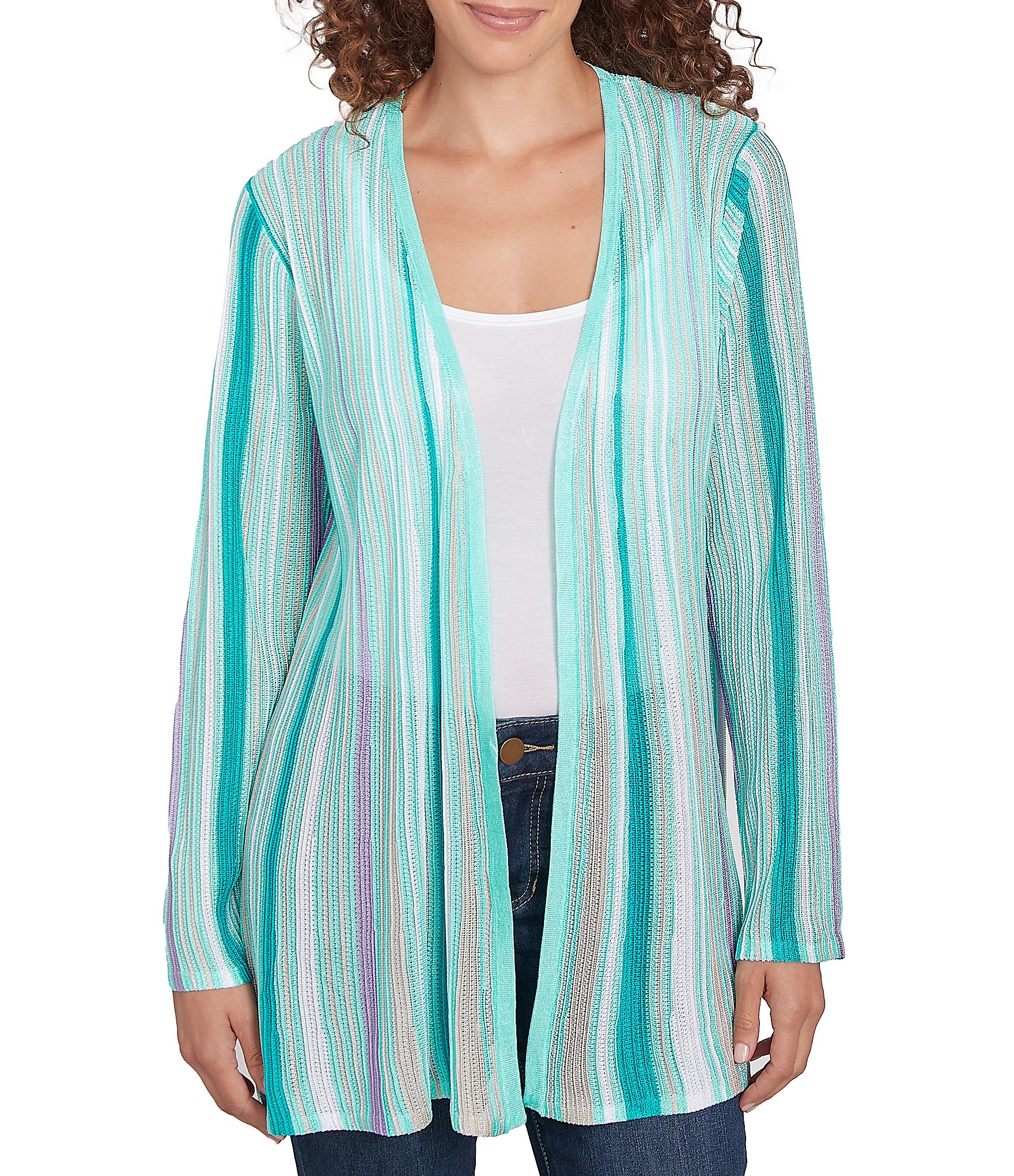Ruby Rd. Petite Size Multicolor Stripe Long Sleeve Open-Front Cardigan ...