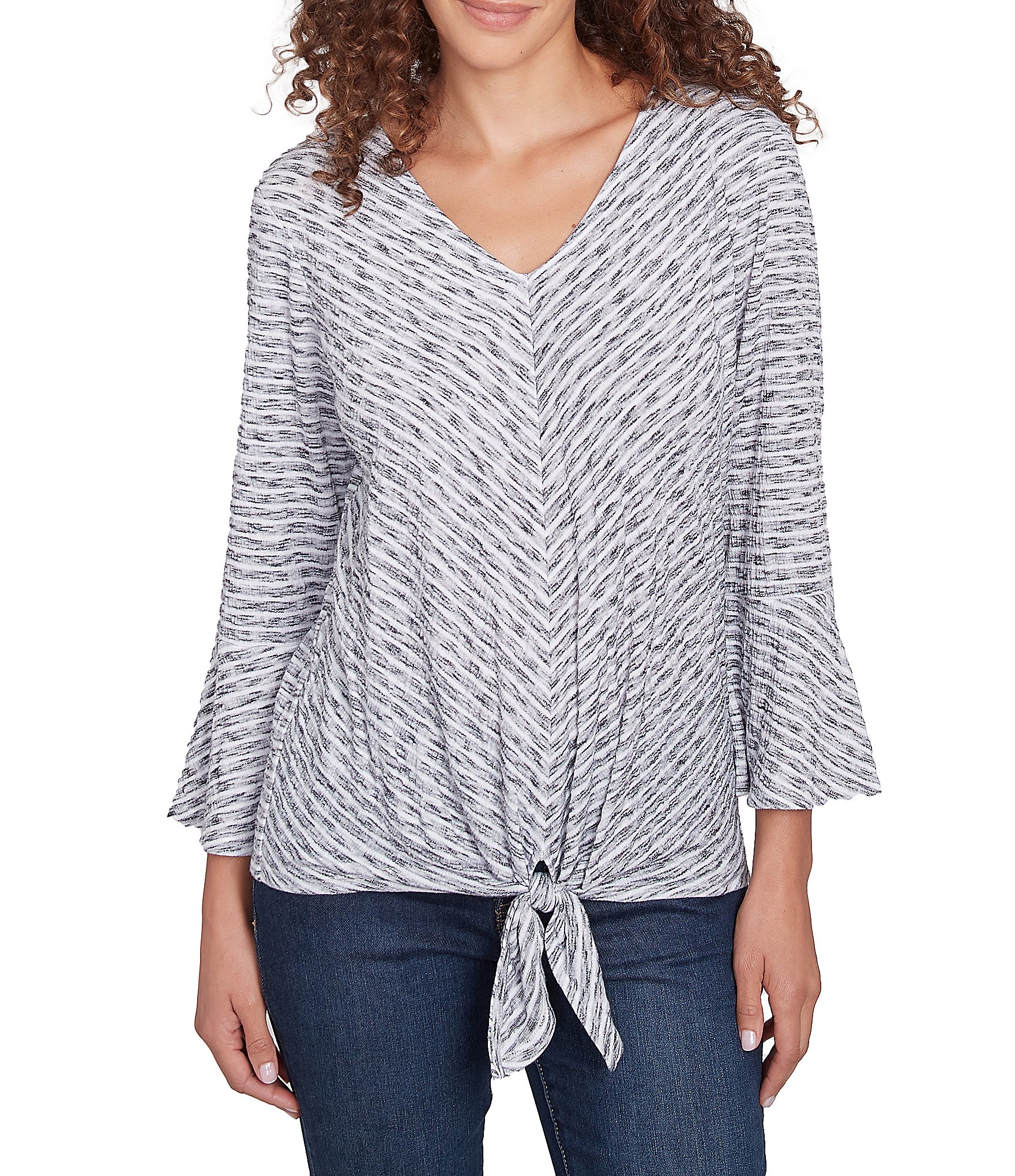 Ruby Rd. Petite Size Puckered Knit Stripe V-Neck 3/4 Sleeve Tie-Front ...