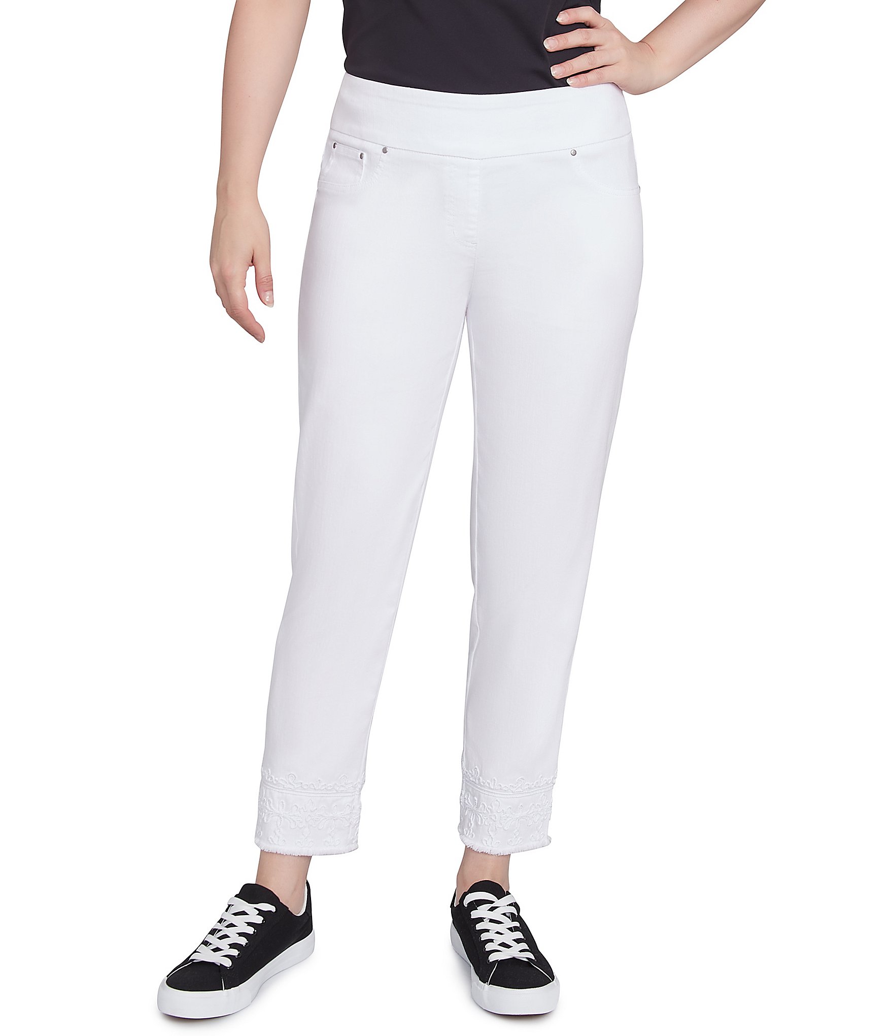 Ruby Rd. Petite Size Straight Leg Embroidered Frayed Hem Pull-On Ankle ...