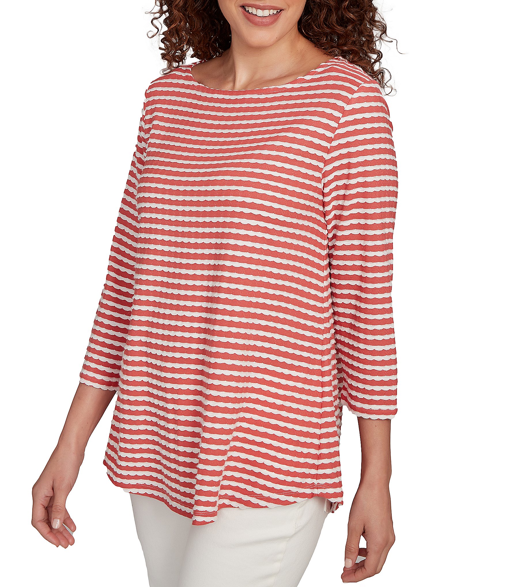 Ruby Rd. Petite Size Textured Knit Stripe Print Square Neck 3/4 Sleeve ...