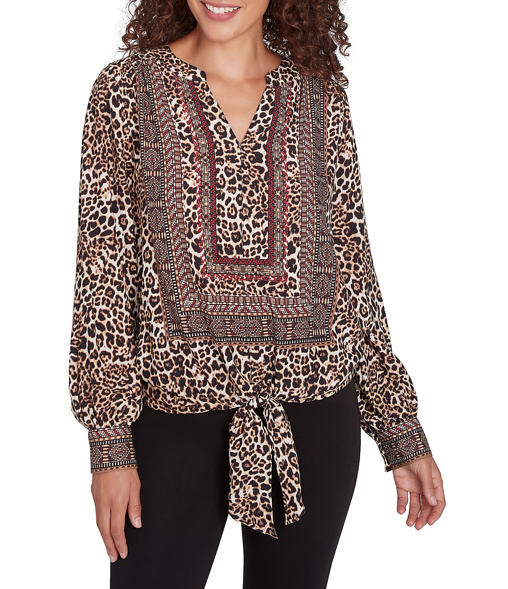 Ruby Rd. Petite Size Woven Beaded Animal Print Split V-Neck Long ...