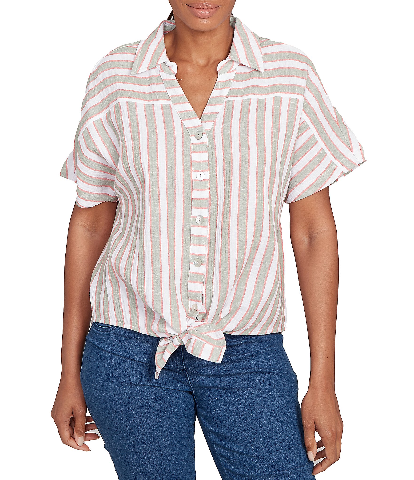 Ruby Rd. Petite Size Yarn-Dyed Woven Stripe Collared V-Neck Short ...