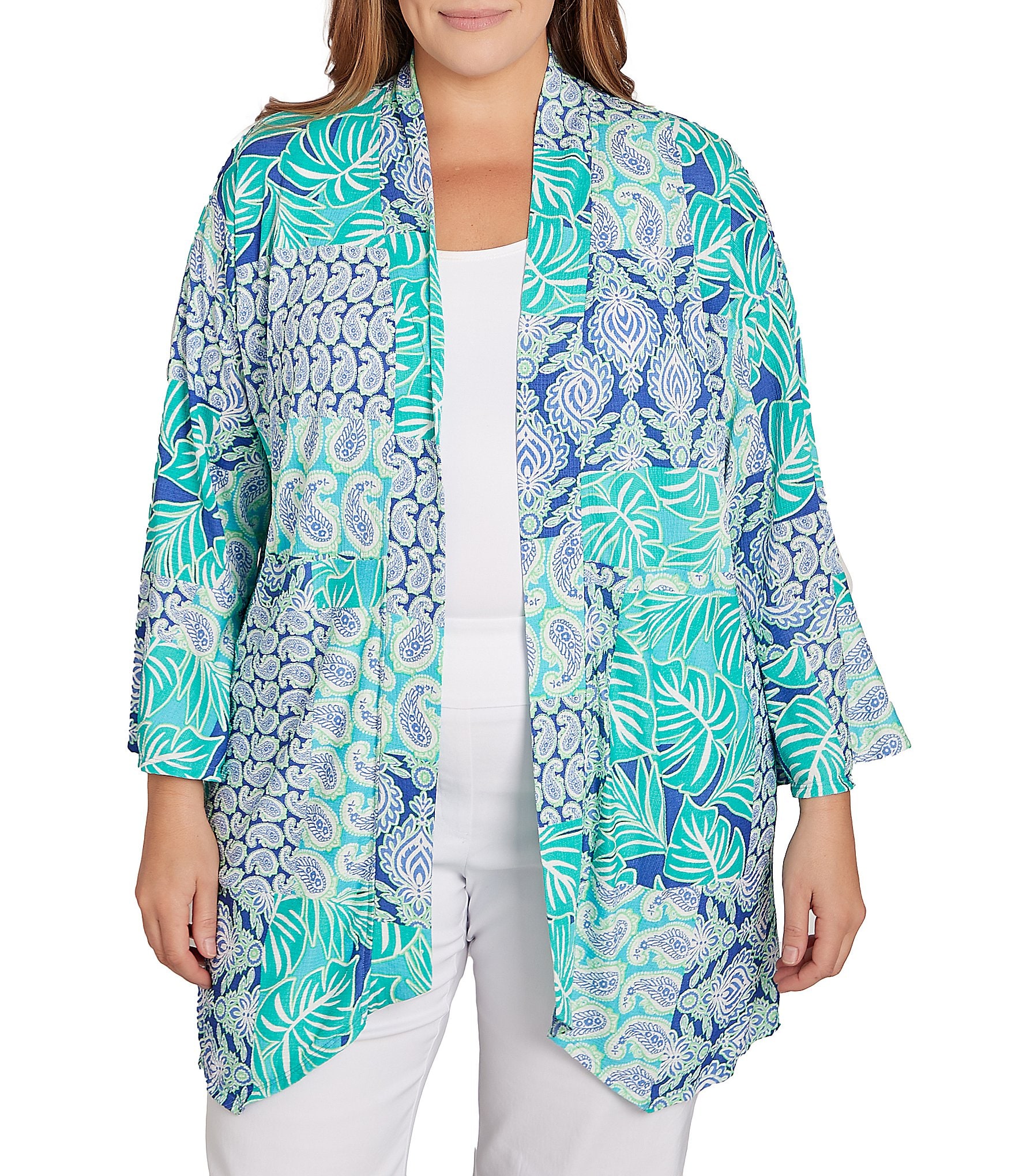 Ruby Rd. Plus Size Bali Patchwork Print Shawl Collar 3/4 Sleeve Open ...