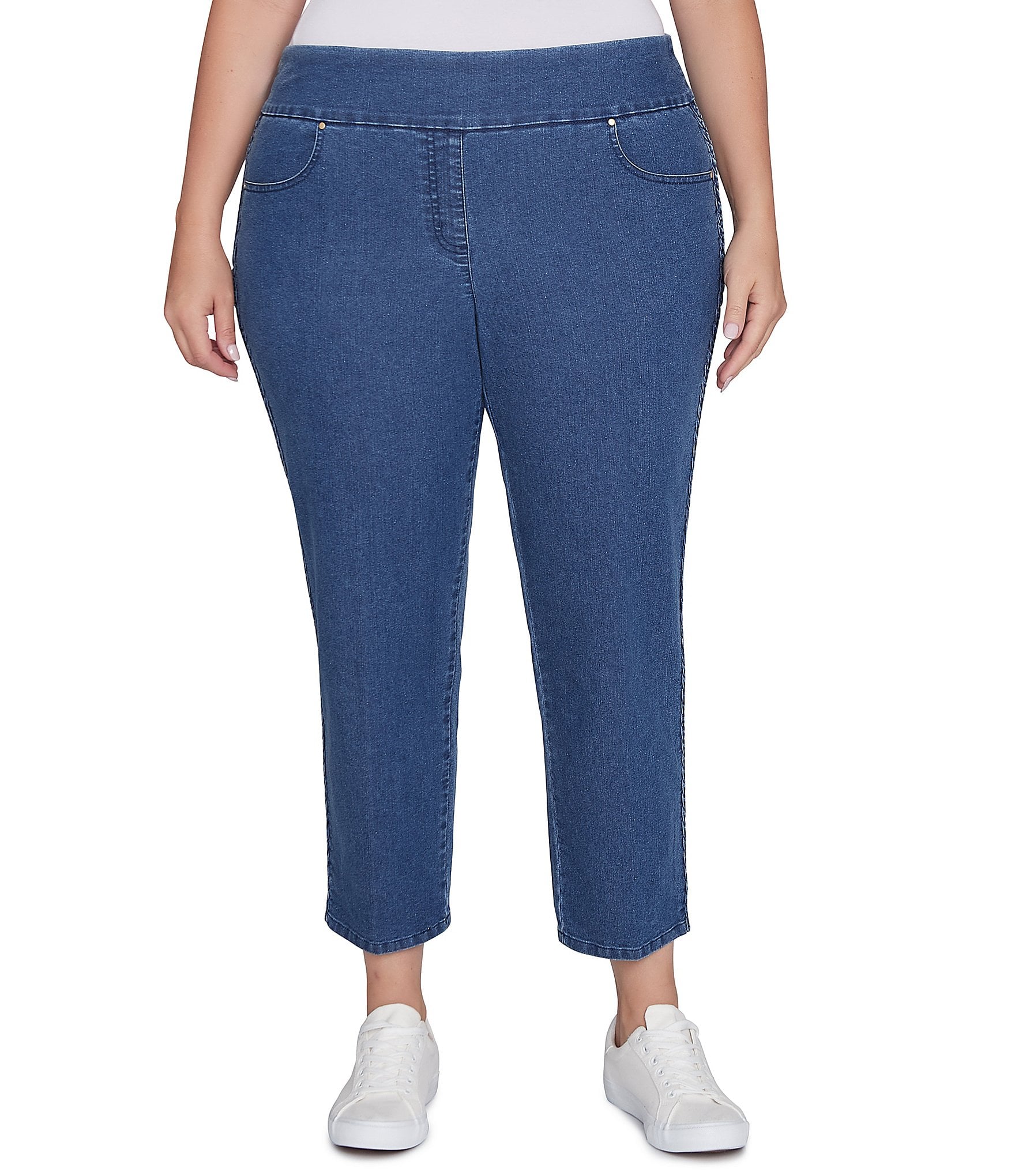 Ruby Rd. Plus Size Braid Outer Leg Straight Leg Ankle Pull-On Jeans | Dillard's