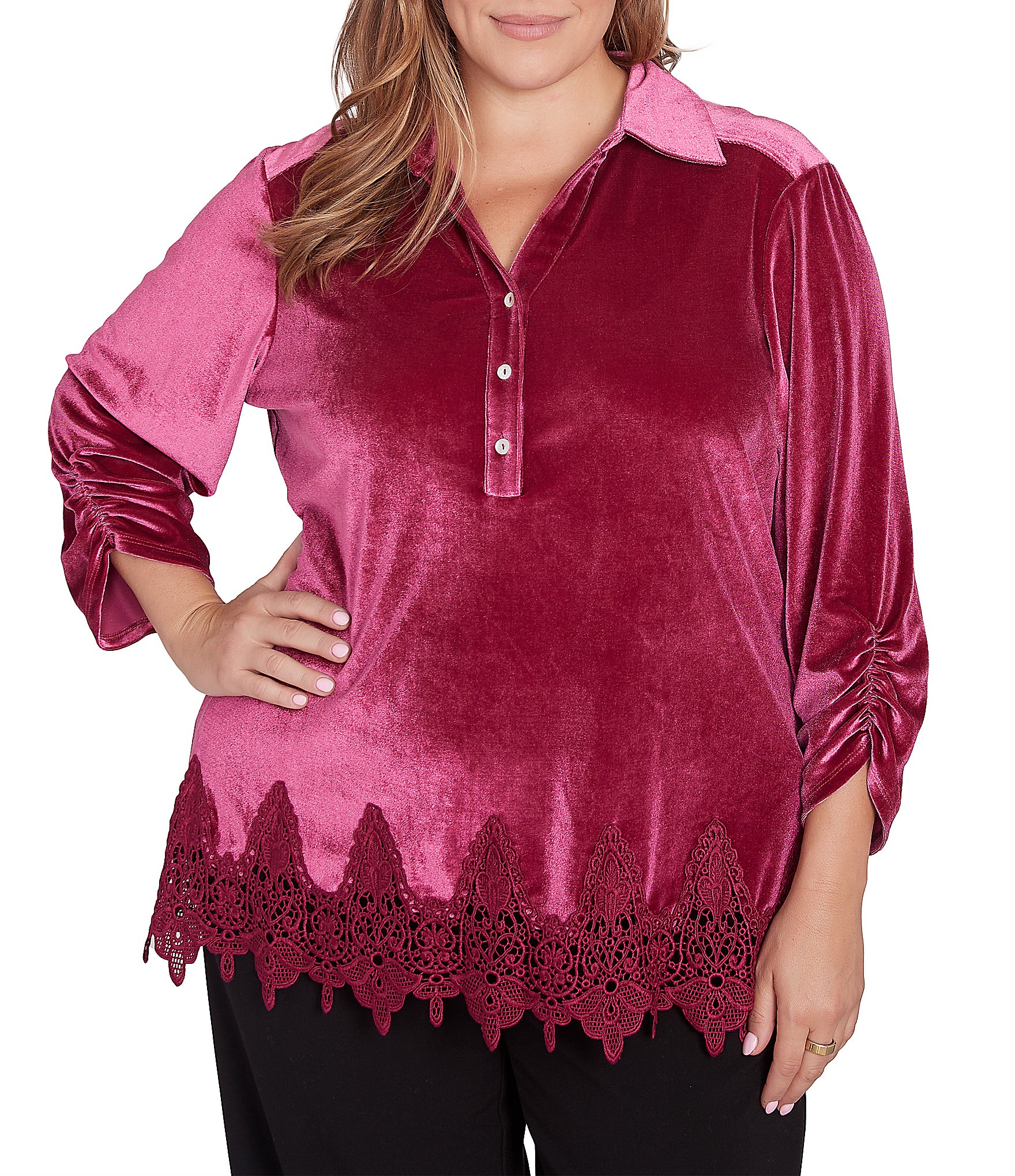 Ruby Rd. Plus Size Collared V-Neck 3/4 Ruched Sleeve Lace Trim Velvet Blouse | Dillard's