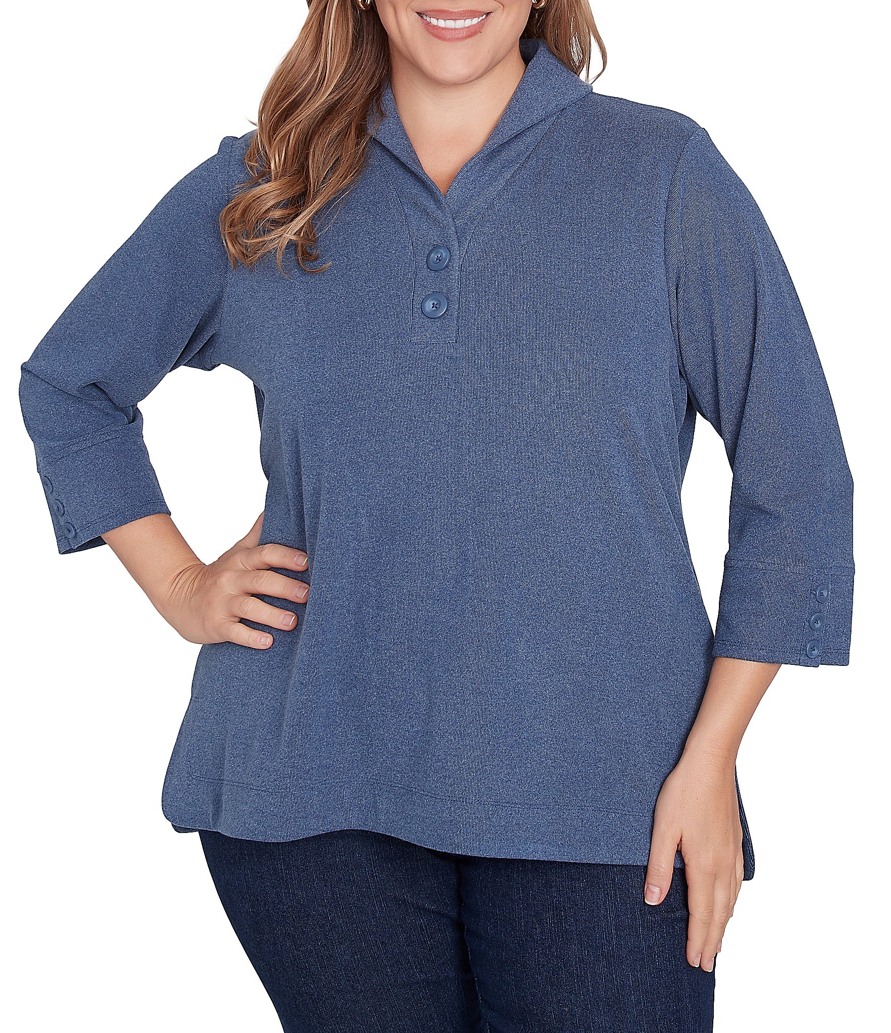 Ruby Rd. Plus Size Collared V-Neck 3/4 Sleeve Luxe Rib Knit Sweater ...