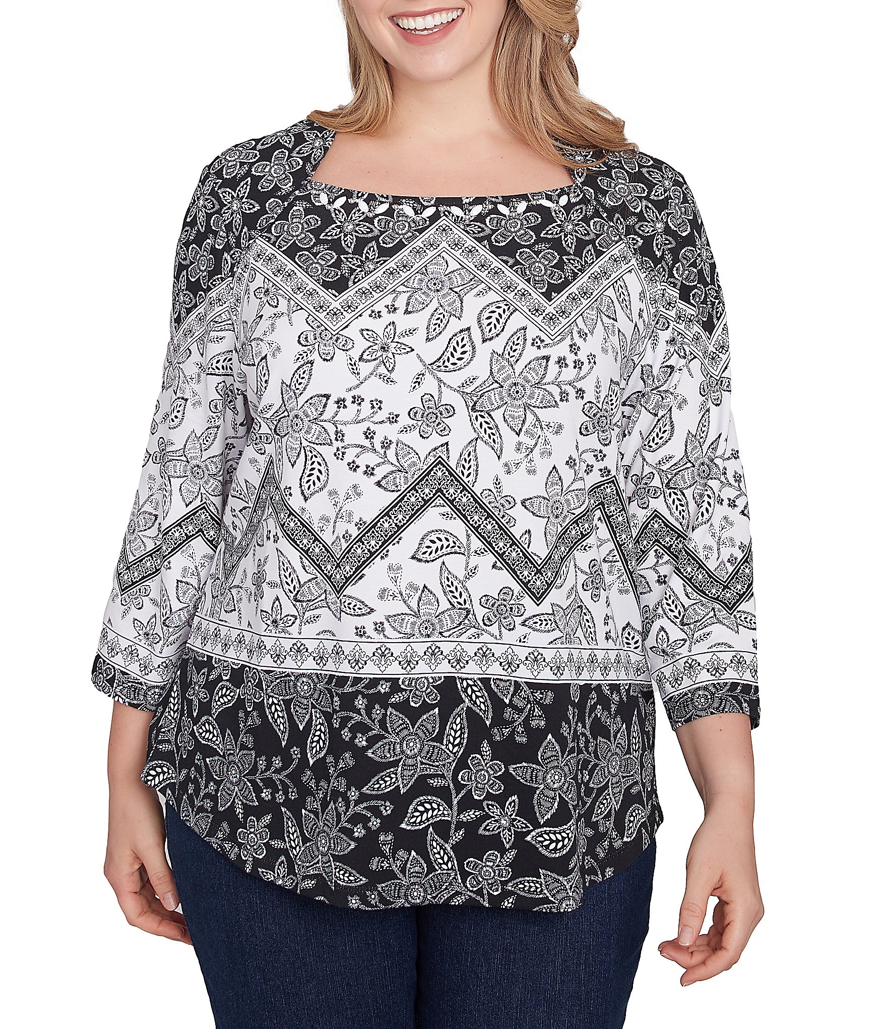 Ruby Rd. Plus Size Cotton Mixed Print Square Neck 3/4 Sleeve Top ...