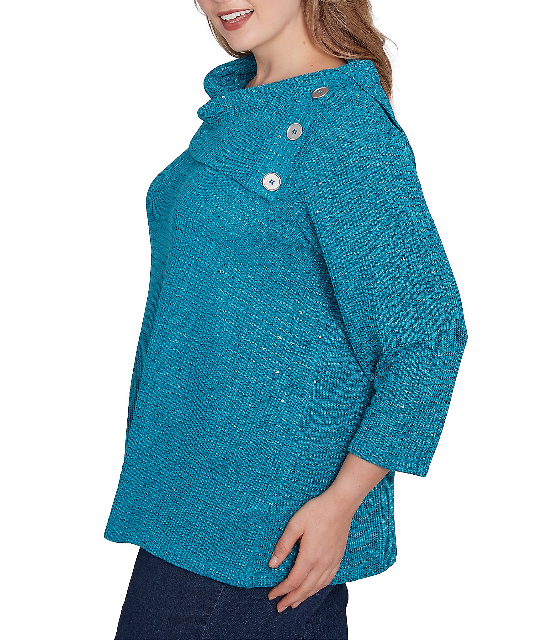 Ruby Rd. Plus Size Cozy Knit Split Cowl Neck 3/4 Sleeve Sequin Top | Dillard's