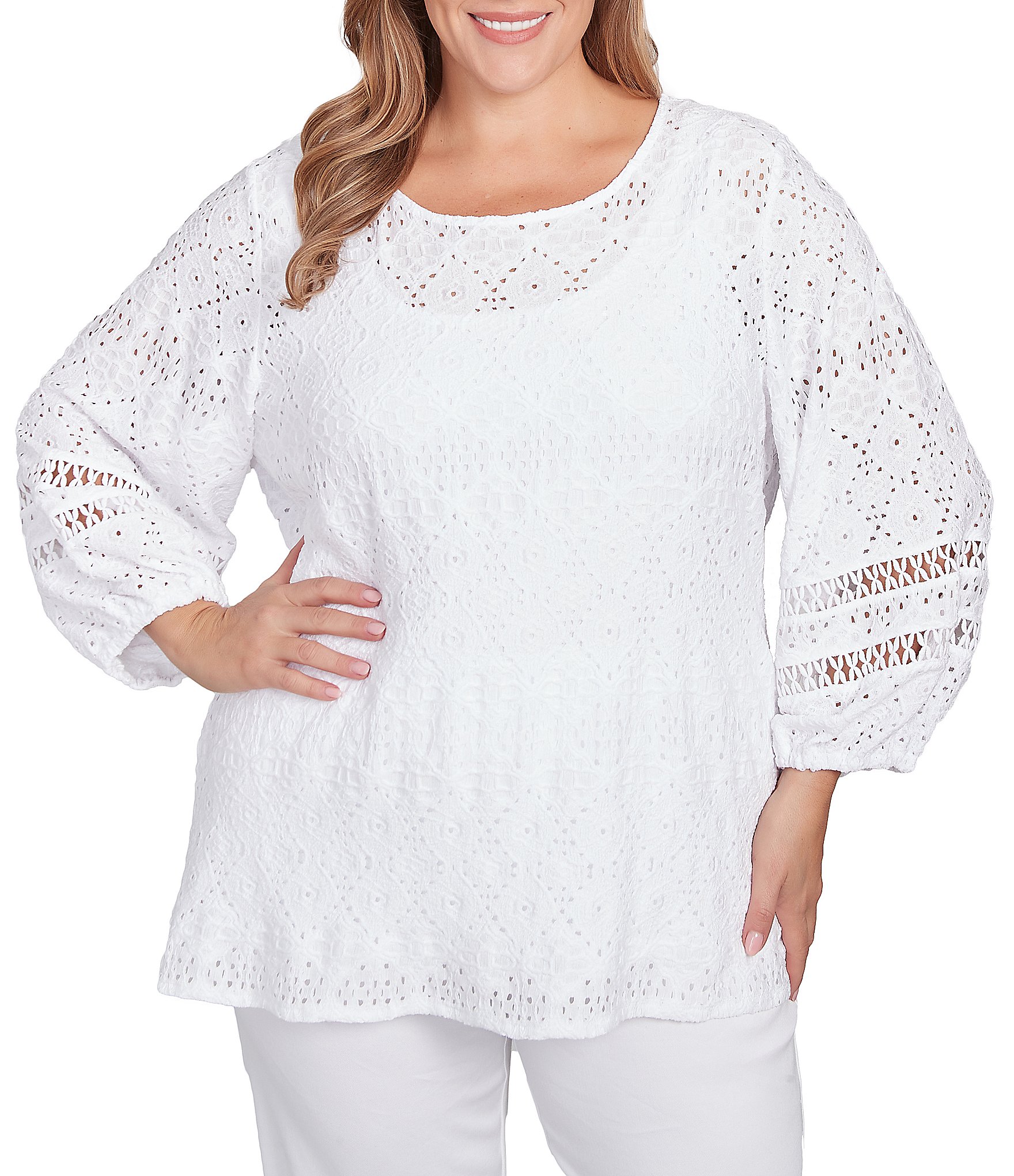 Ruby Rd. Plus Size Crew Neck 3/4 Bishop Sleeve Allover Eyelet Top ...