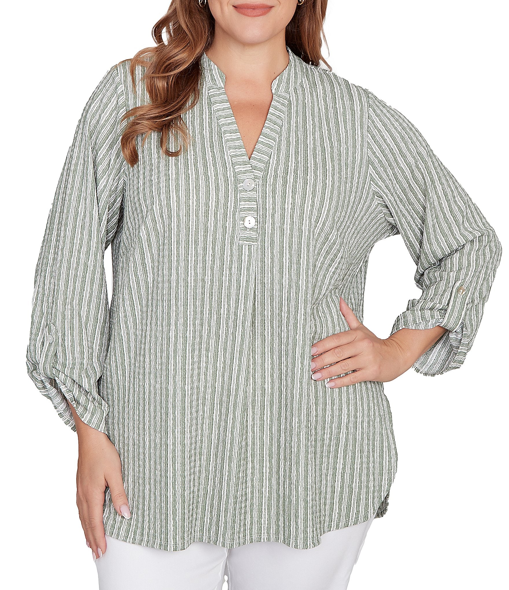 Ruby Rd. Plus Size Crinkle Knit Stripe V-Neck Long Roll-Tab Sleeve ...