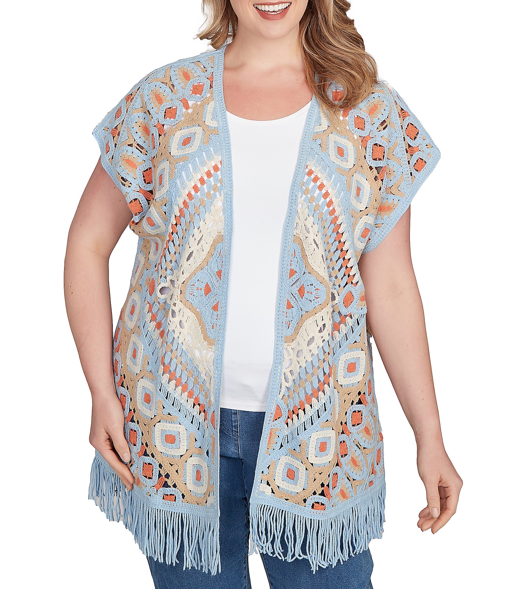 Ruby Rd. Plus Size Crochet Geometric Cap Sleeve Open-Front Cardigan ...
