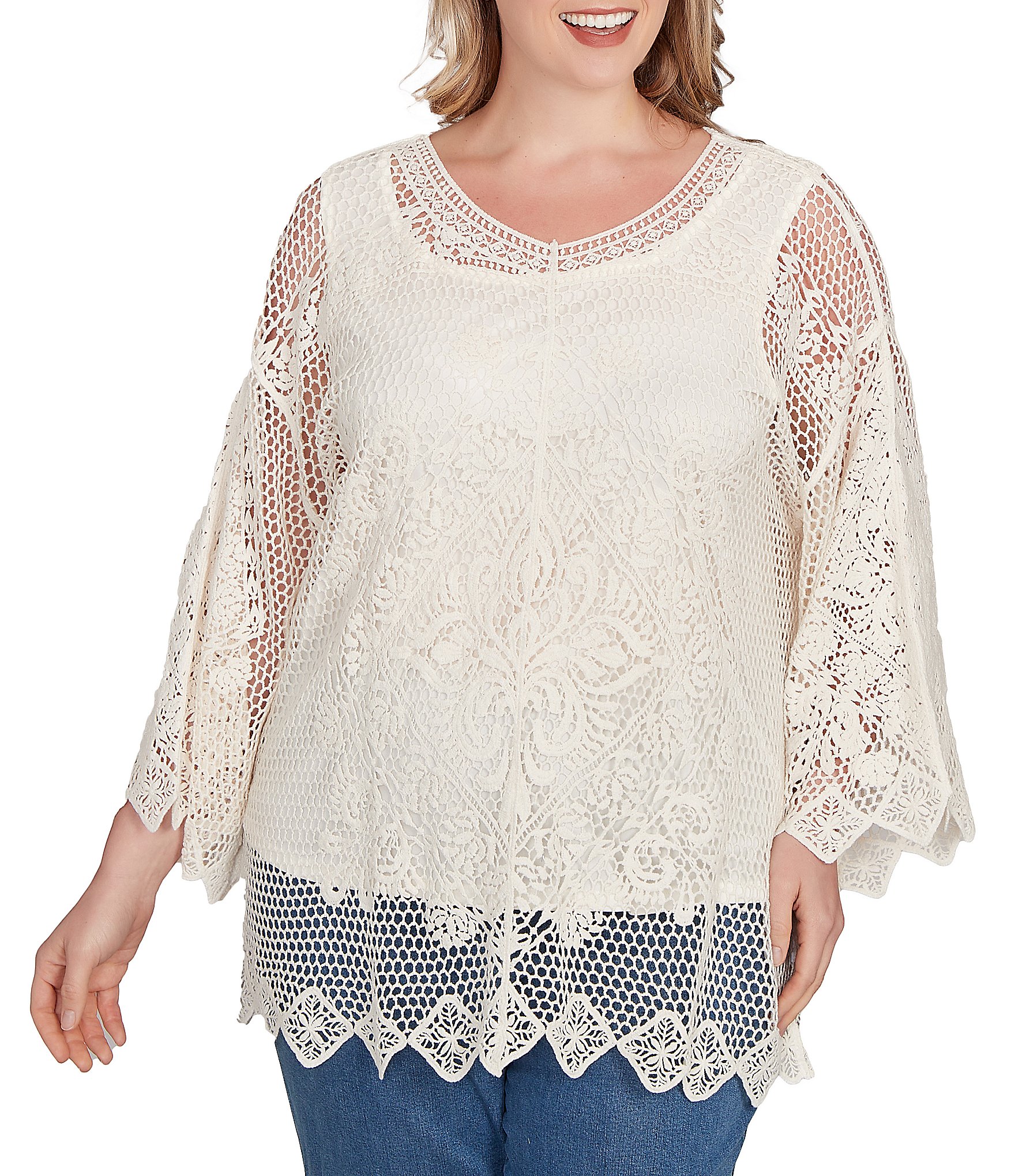 Ruby Rd. Plus Size Crochet Medallion Floral Pattern Scoop Neck 3/4 Wide ...