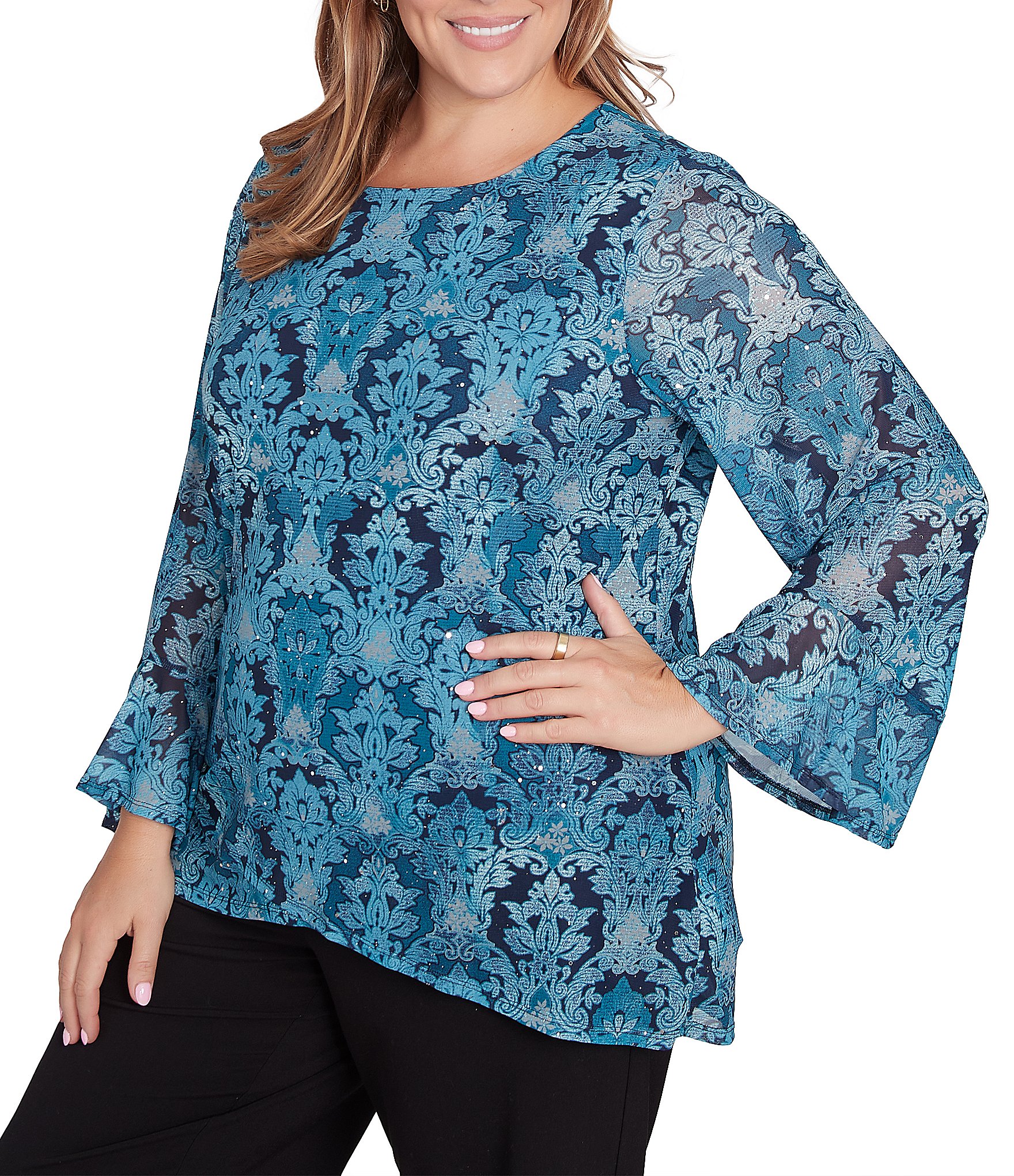 Ruby Rd. Plus Size Damask Print Crew Neck 3/4 Ruffle Sleeve Mesh Top ...