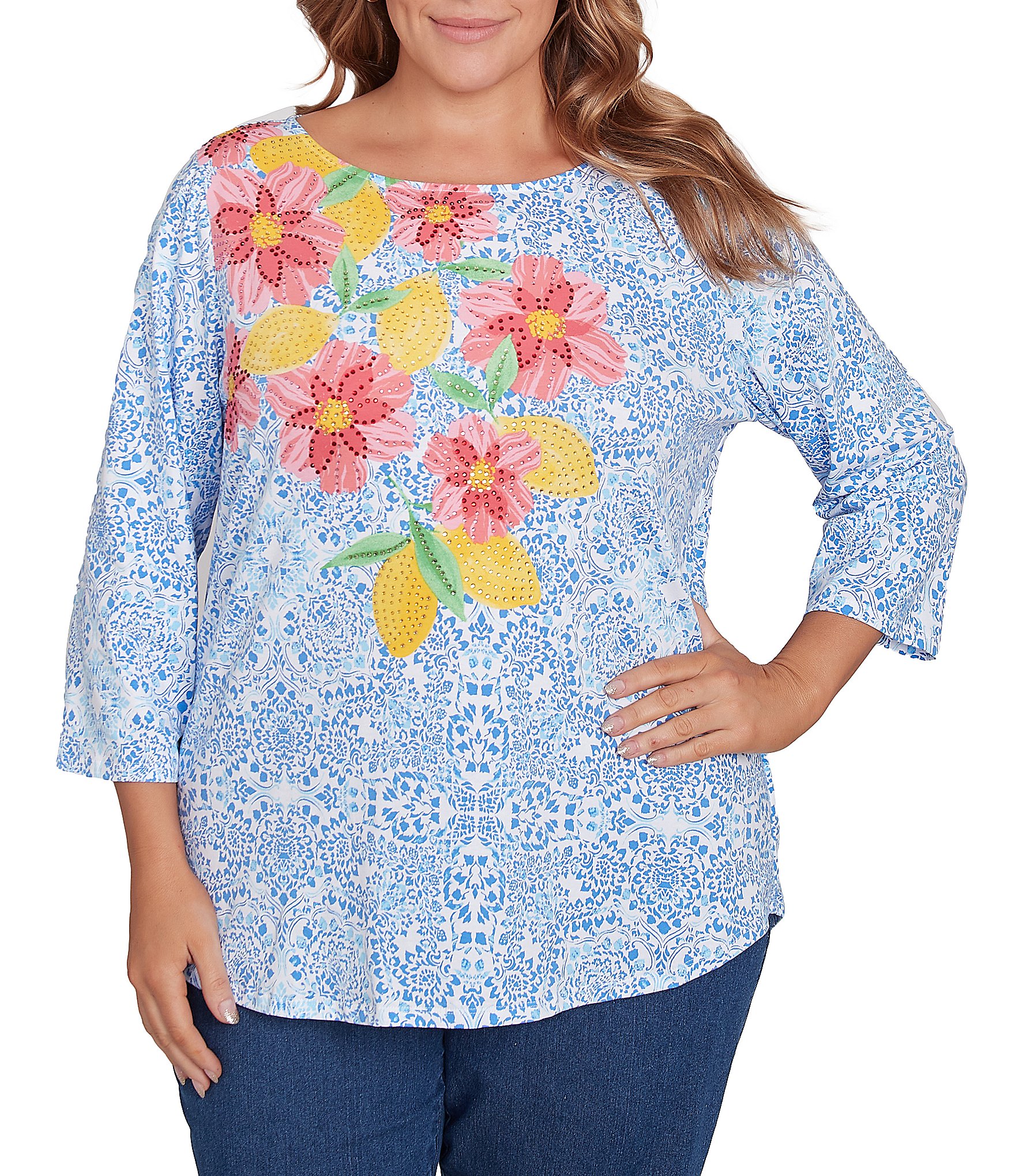 Ruby Rd. Plus Size Embellished Floral Print Boat Neck 3/4 Sleeve Top ...