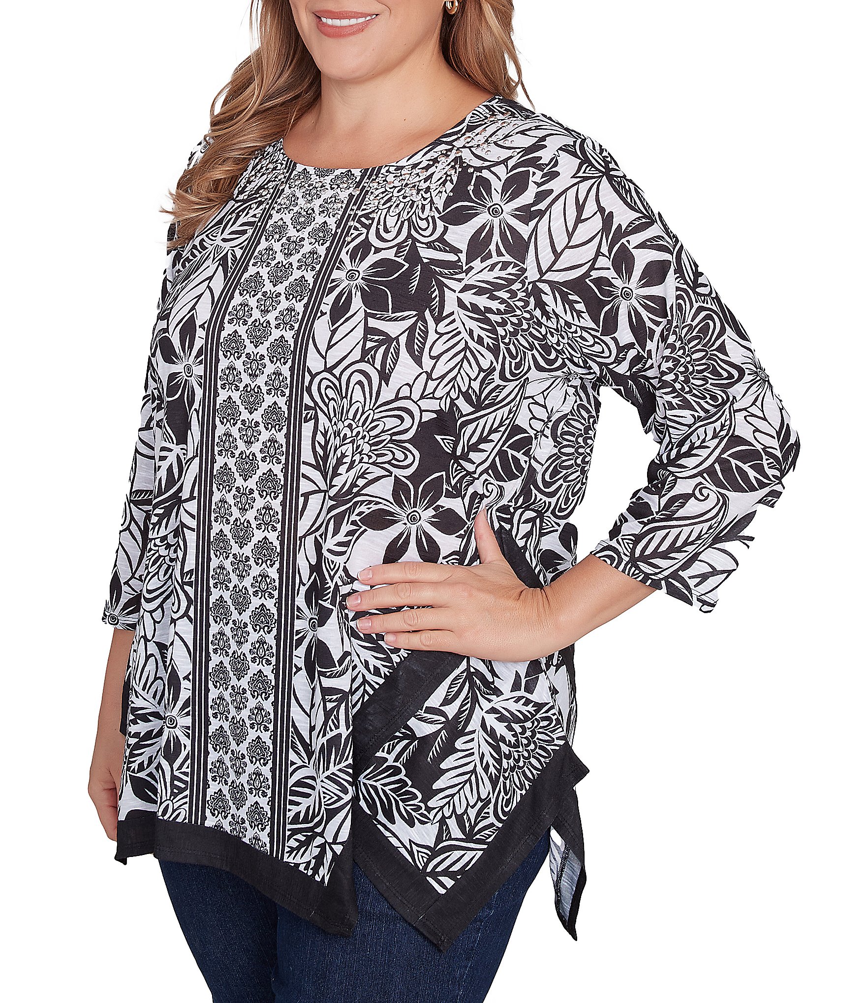 Ruby Rd. Plus Size Embellished Printed Scoop Neck 3/4 Sleeve Shark-Bite ...