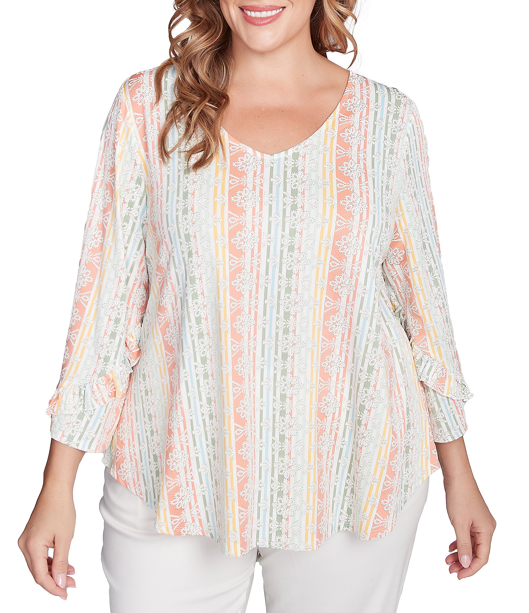 Ruby Rd. Plus Size Stripe Floral Puff Print V-Neck 3/4 Bell Sleeve Top ...
