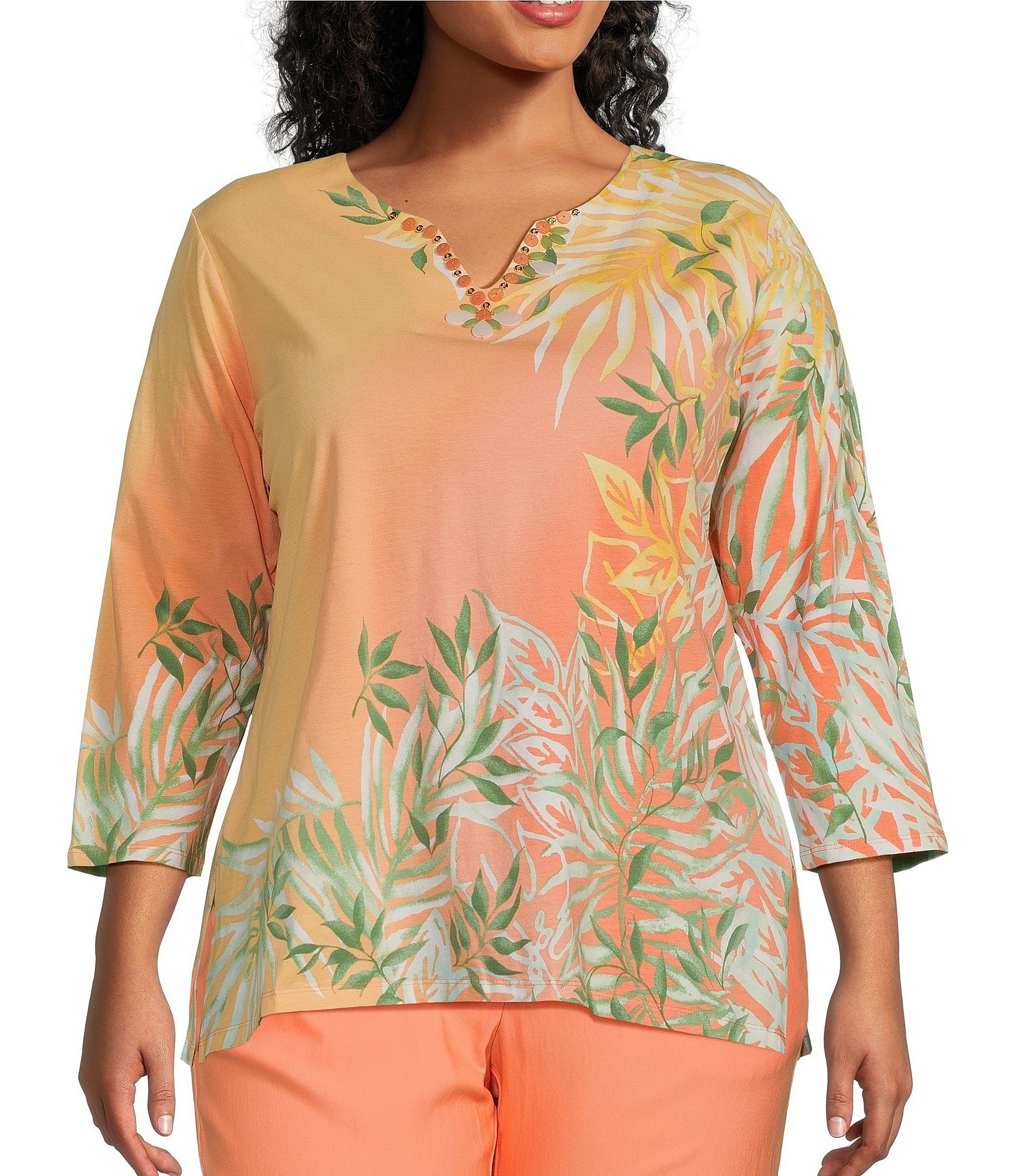 Ruby Rd. Plus Size Embellished V-Neck 3/4 Sleeve Knit Top | Dillard's