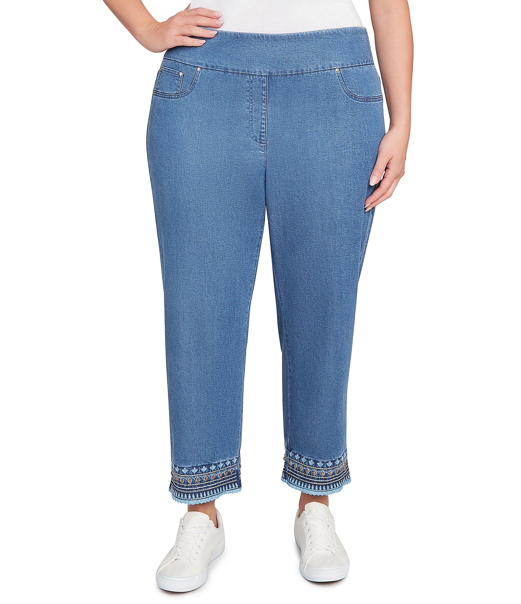 Ruby Rd. Plus Size Embroidered Hem Pull-On Ankle Jeans | Dillard's