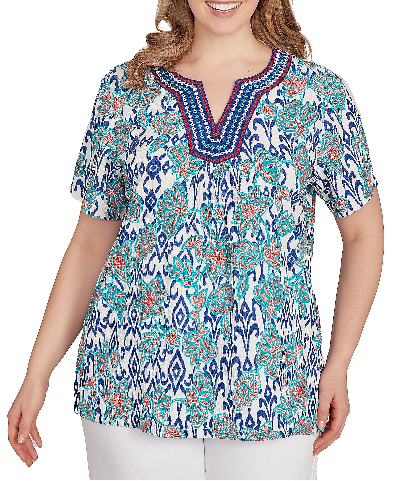 Ruby Rd. Plus Size Embroidered Knit Printed Split V-Neck Short Sleeve Top | Dillard's