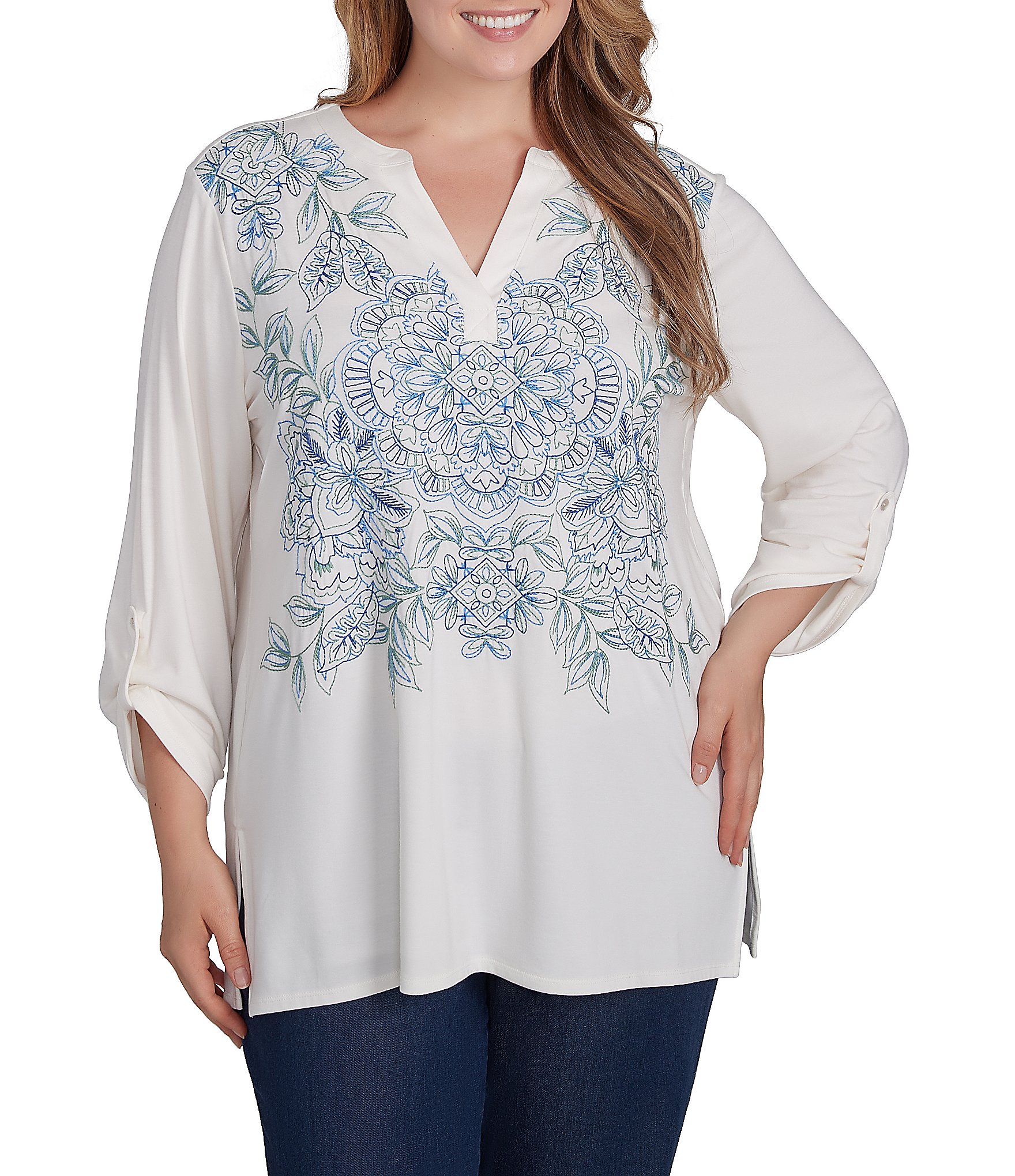 Ruby Rd. Plus Size Embroidered Knit Split V-Neck 3/4 Roll-Tab Sleeve ...