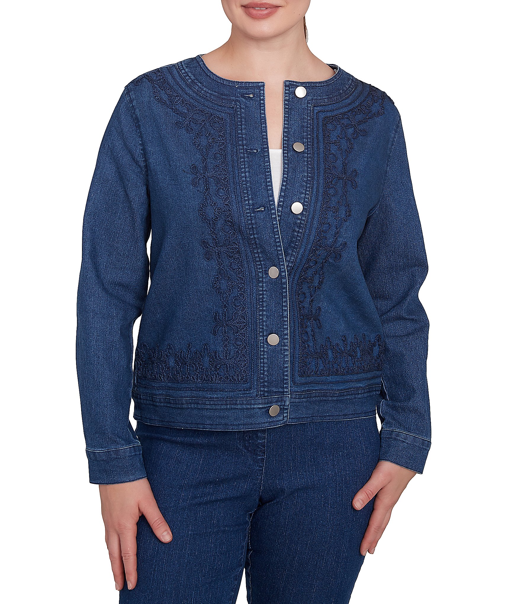 Ruby Rd. Plus Size Embroidered Round Neck Long Sleeve Button-Front ...