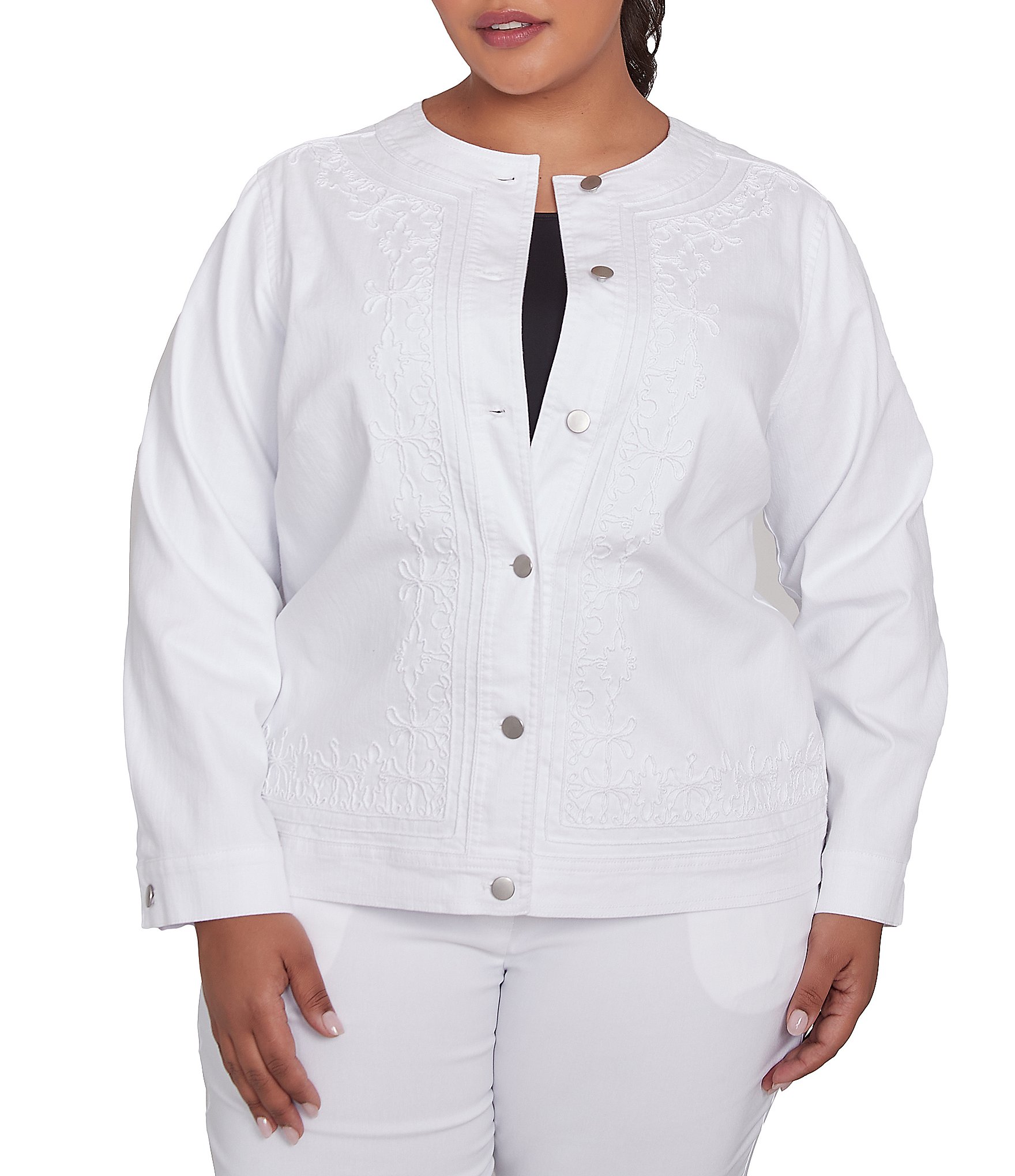 Ruby Rd. Plus Size Embroidered Round Neck Long Sleeve Button-Front ...