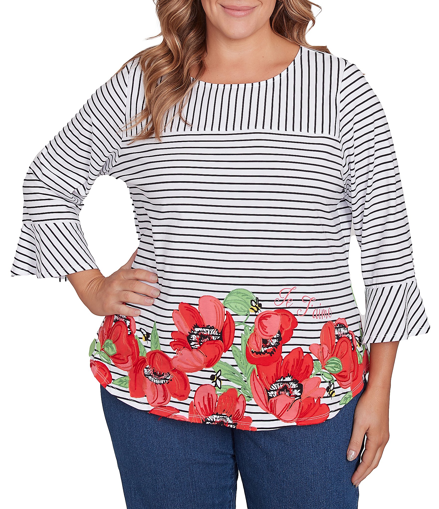 Ruby Rd. Plus Size Embroidered Stripe Boat Neck 3/4 Sleeve Poppy Top ...