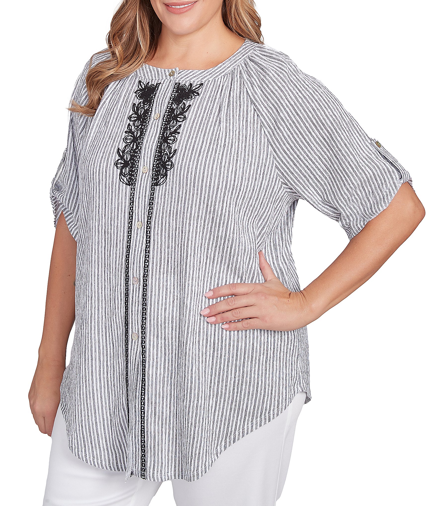 Ruby Rd. Plus Size Embroidered Stripe Puckered Mandarin Collar Short ...