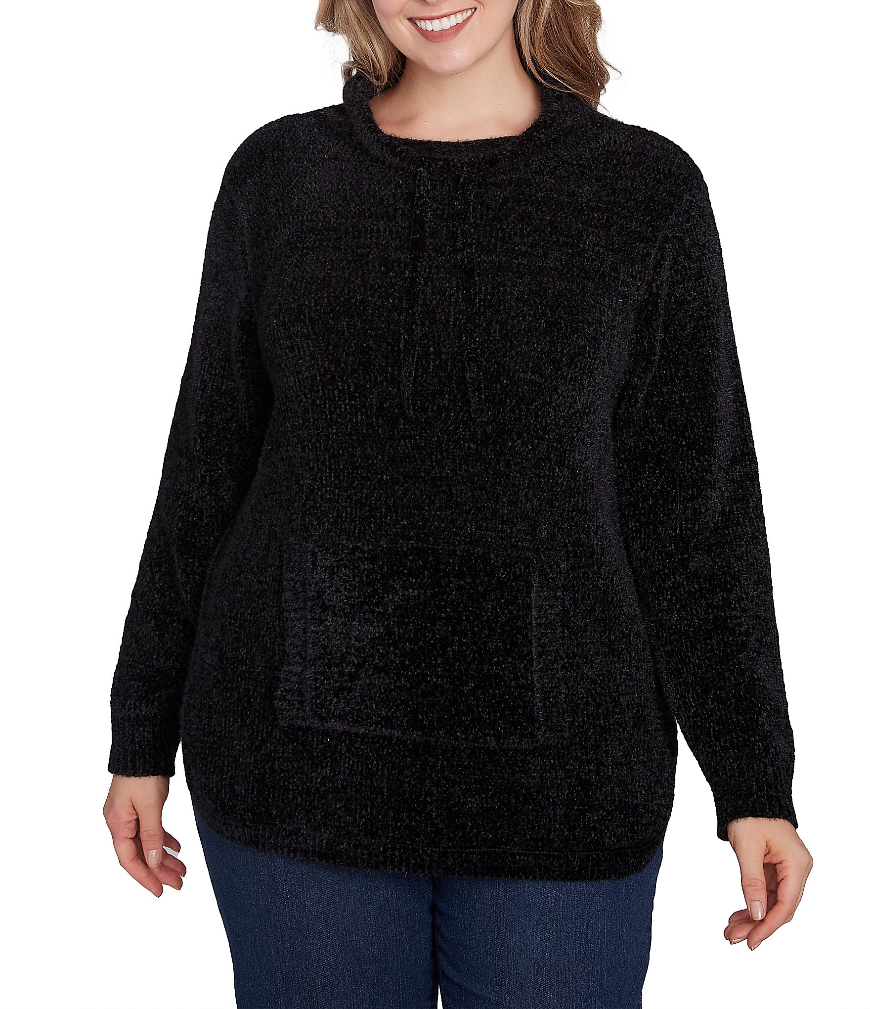 Ruby Rd. Plus Size Eyelash Knit Mock Neck Long Sleeve Kangaroo Pocket ...