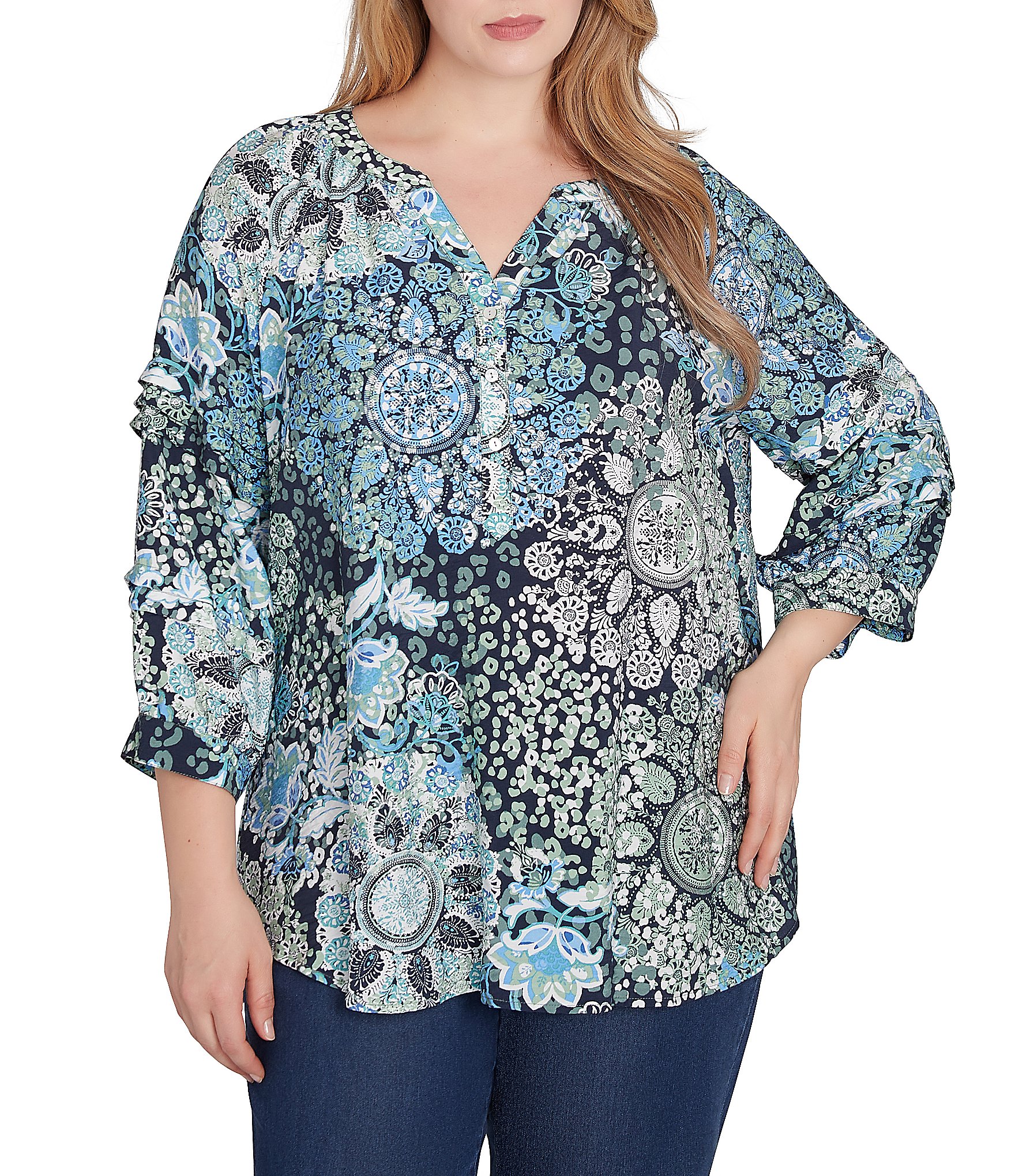 Ruby Rd. Plus Size Kaleidoscope Woven Y-Neck Bracelet Length Sleeve Top ...