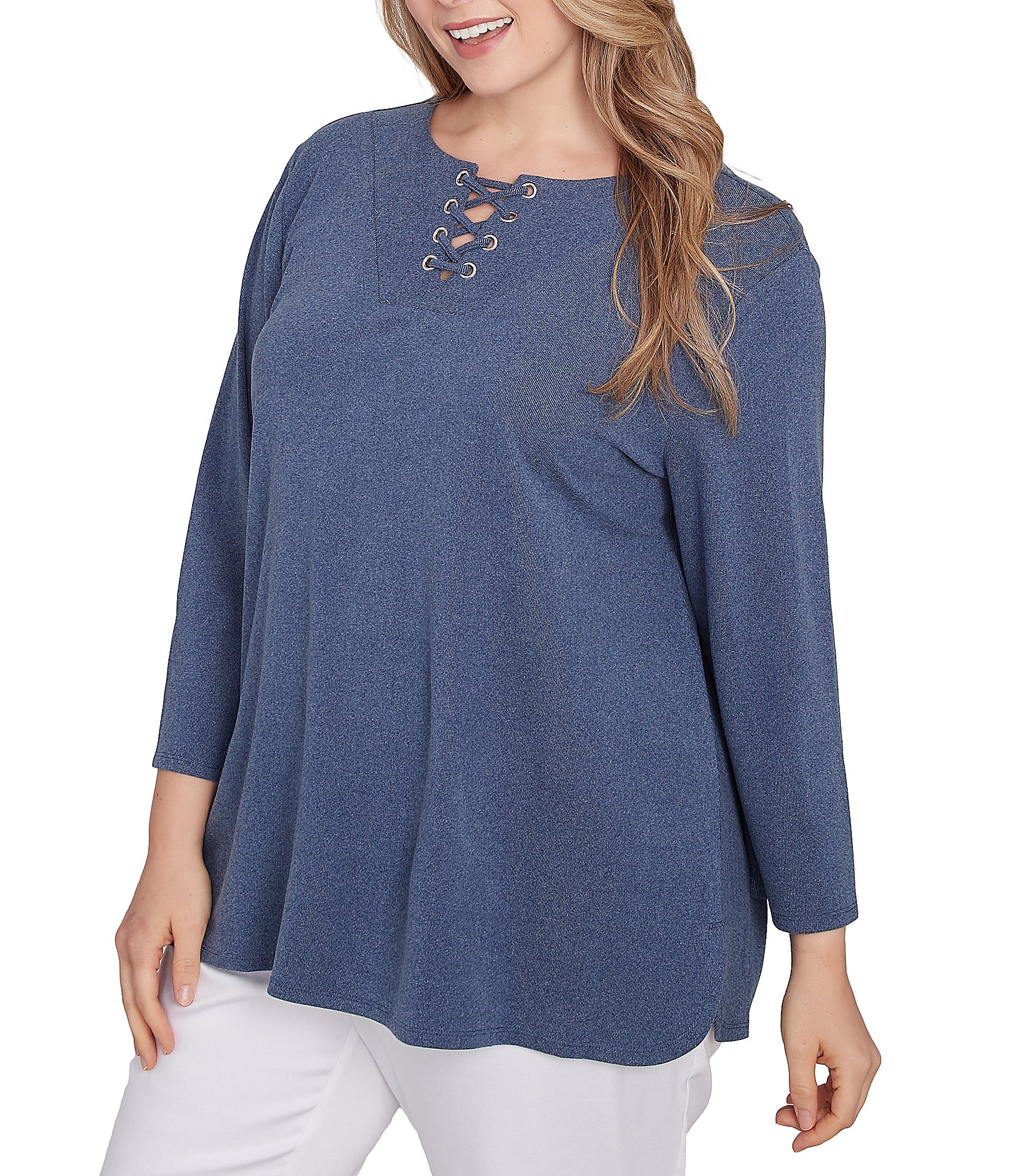 Ruby Rd. Plus Size Knit 3/4 Sleeve Split V-Neck Lacing Rib Top | Dillard's