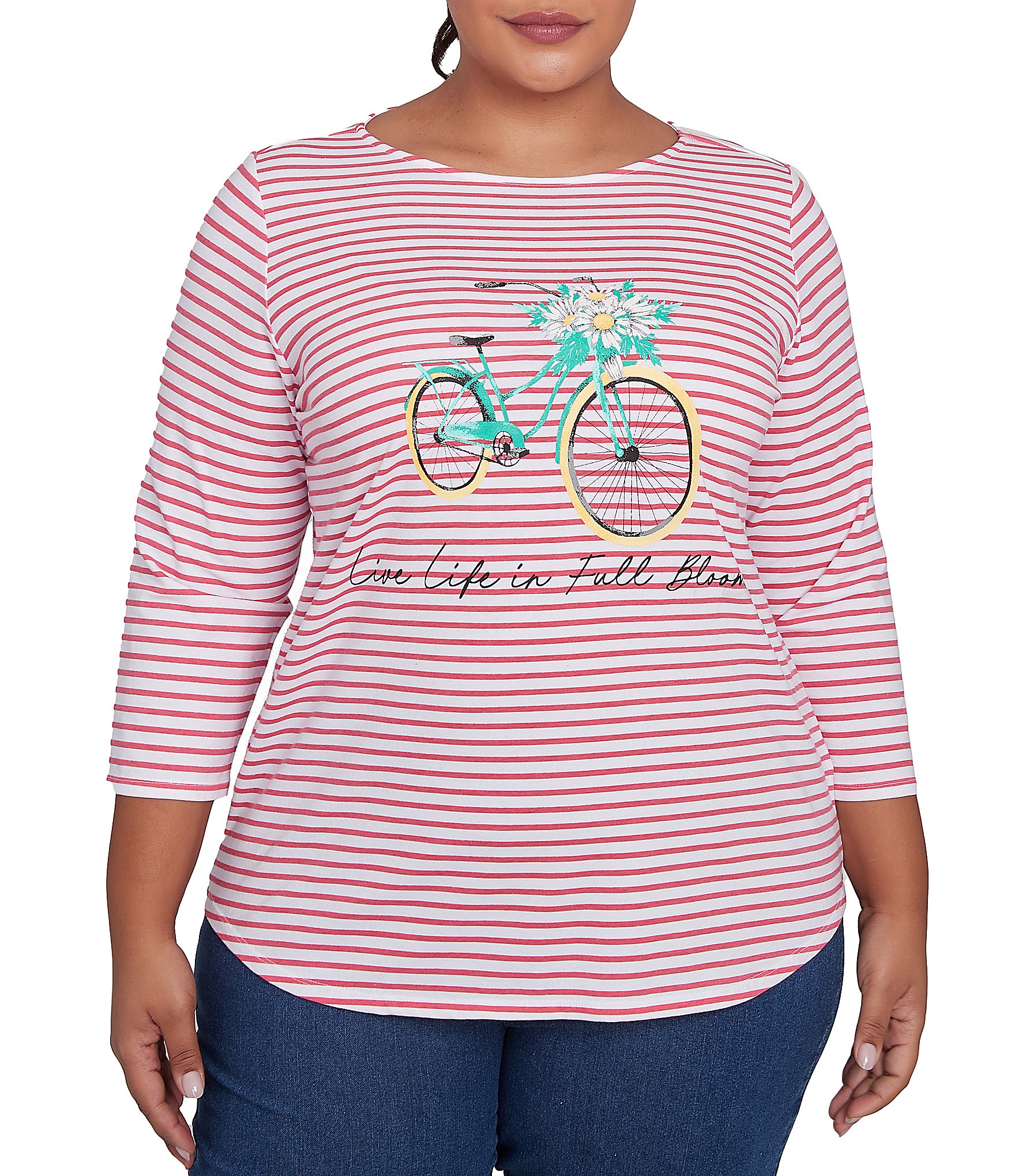 Ruby Rd. Plus Size Knit Bicycle Floral Striped Crew Neck 3/4 Sleeve Top ...