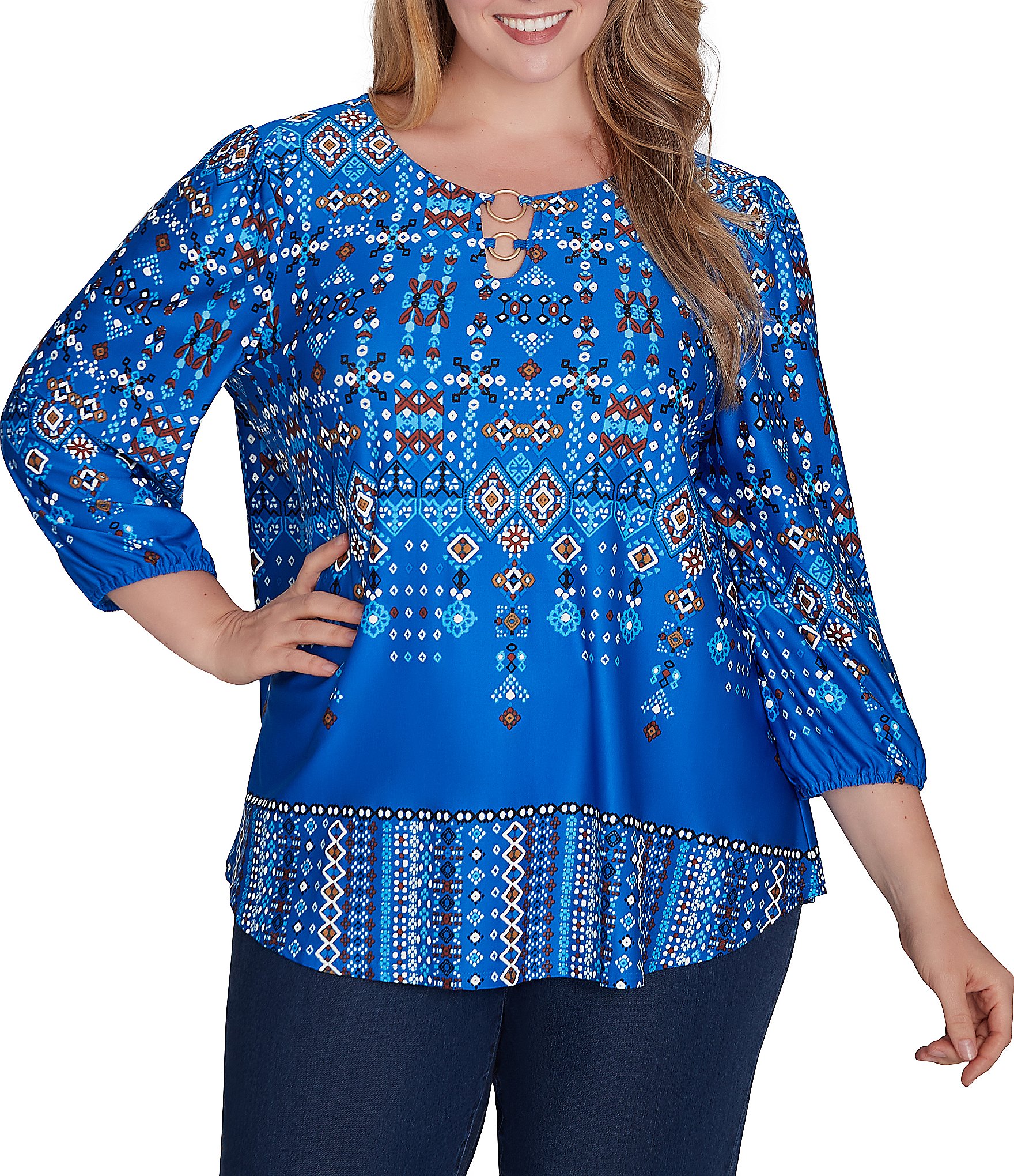 Ruby Rd. Plus Size Knit Diamond Border Print Split V-Neck 3/4 Puff ...
