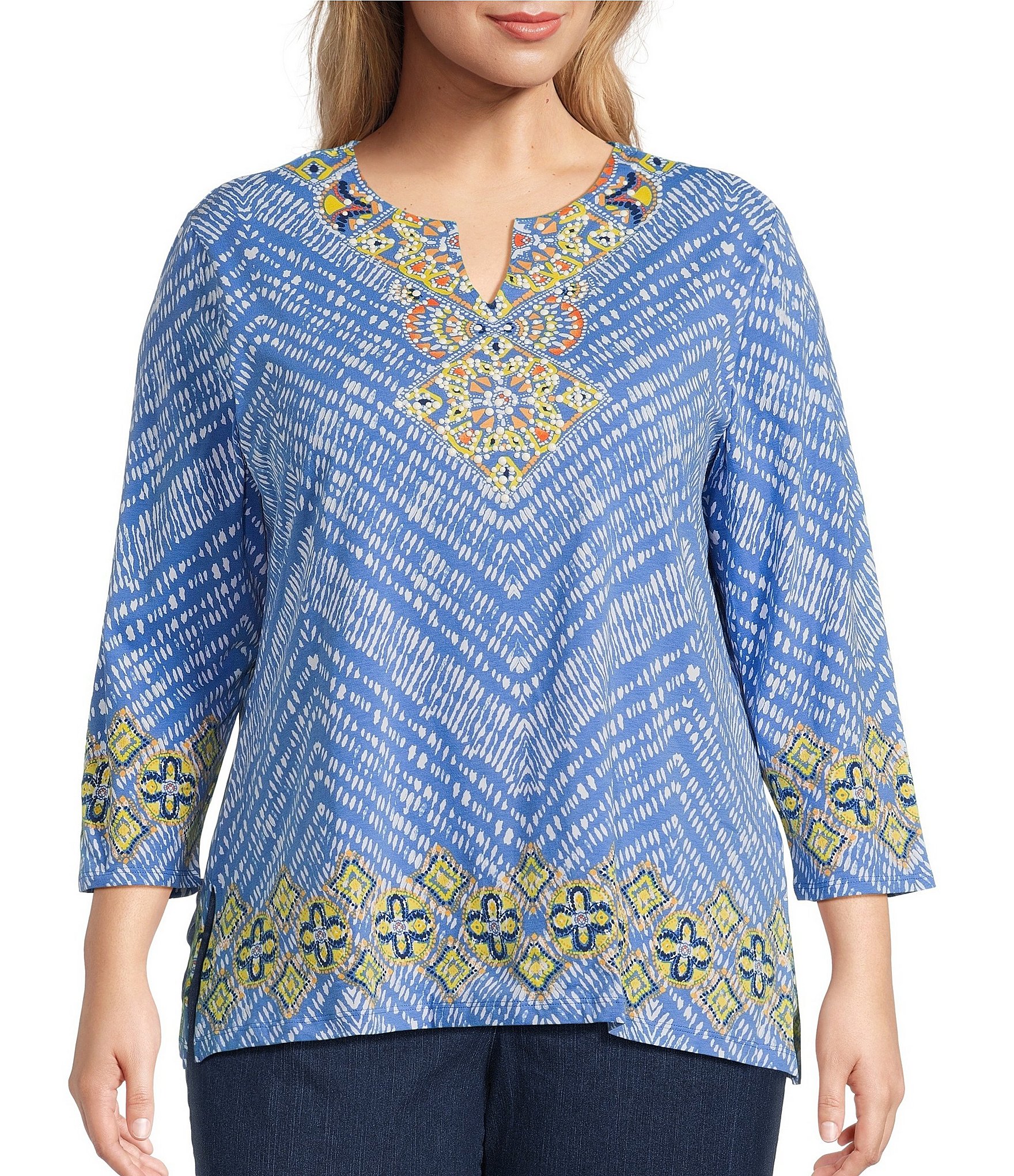 Ruby Rd. Plus Size Knit Embellished Medallion Placement Border Print Split V-Neck 3/4 Sleeve Top ...