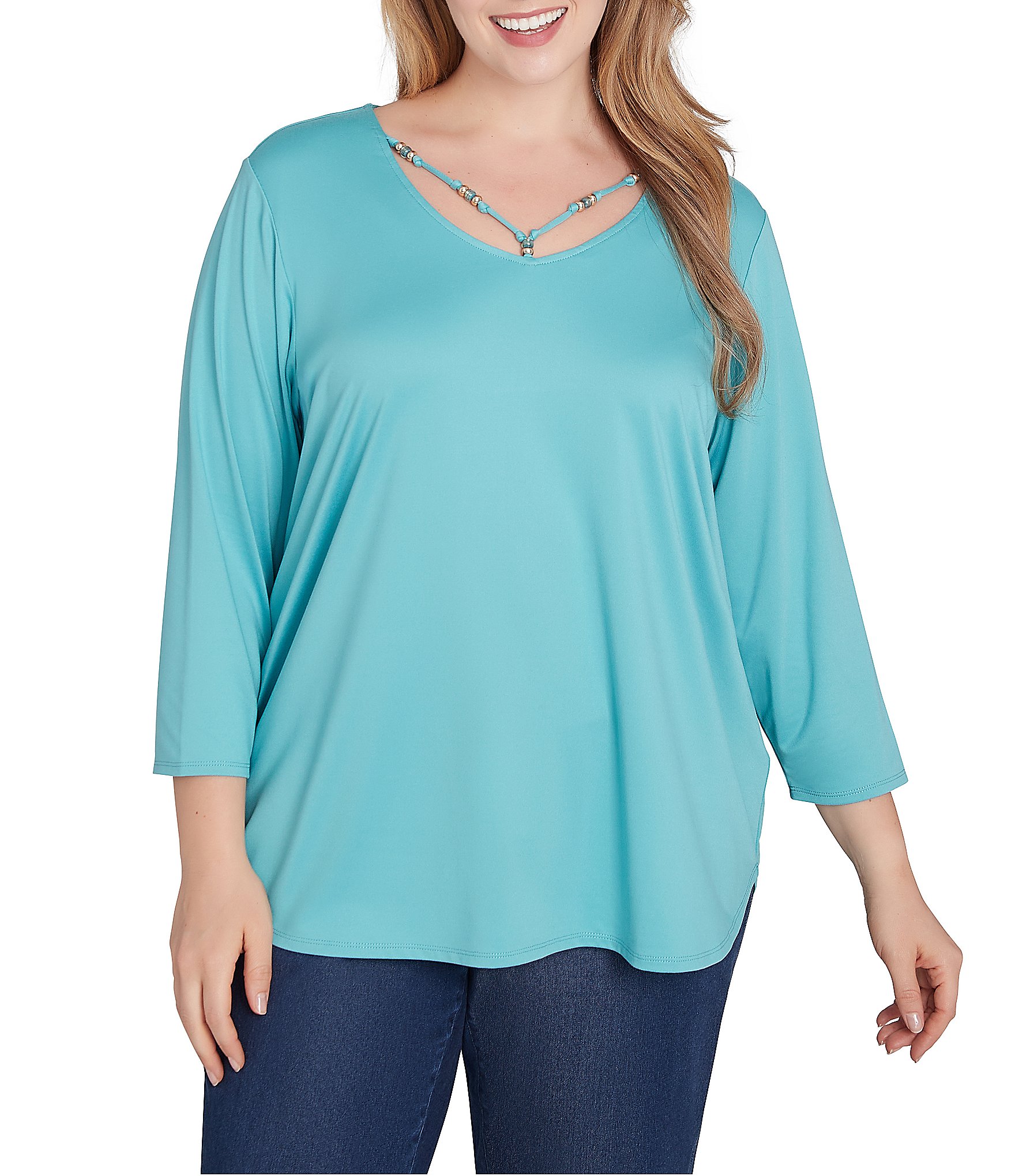 Ruby Rd. Plus Size Knit Embellished Scoop Neck 3/4 Sleeve Solid Top ...