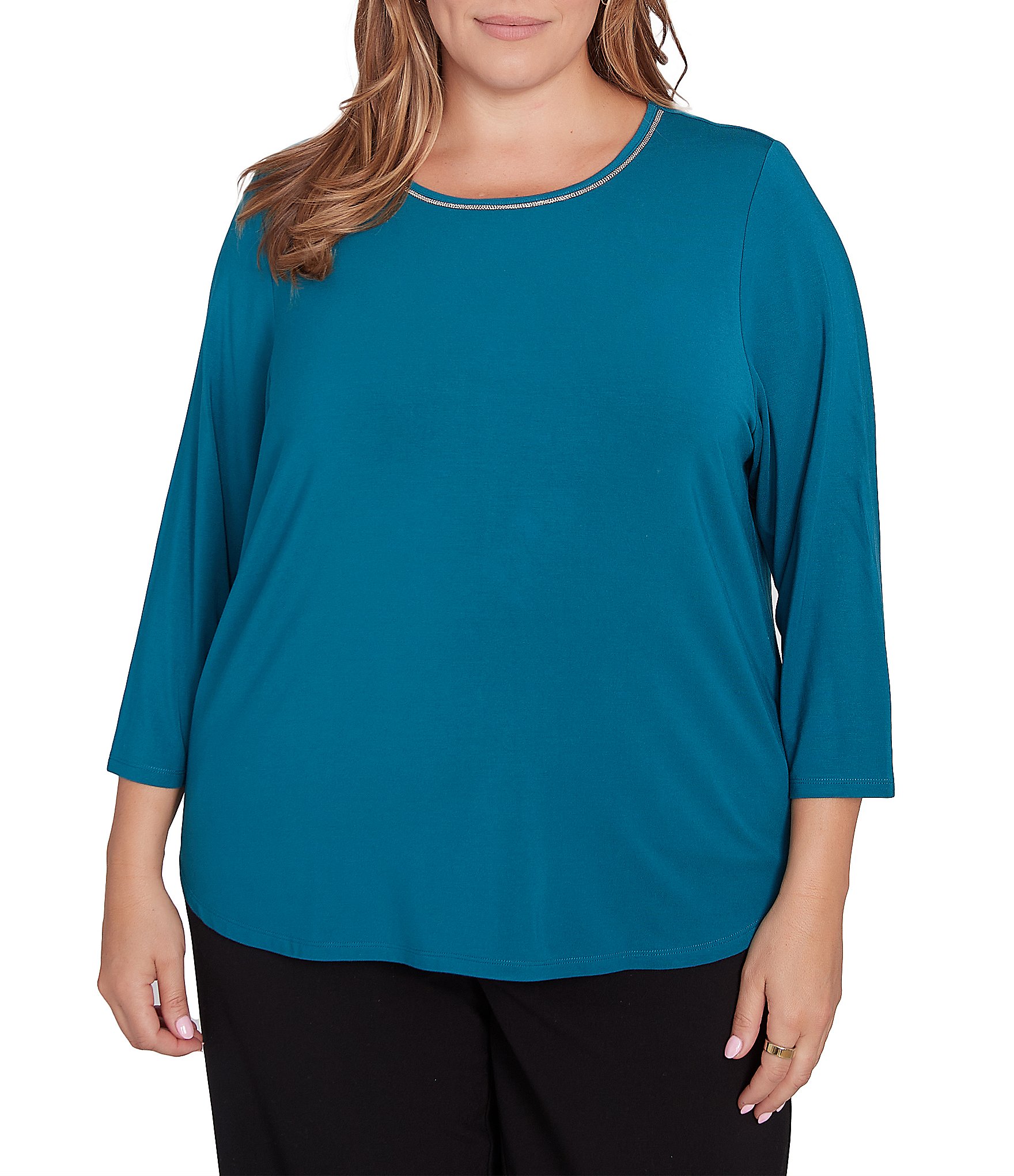 Ruby Rd. Plus Size Knit Embellished Scoop Neck 3/4 Sleeve Stretch Top ...