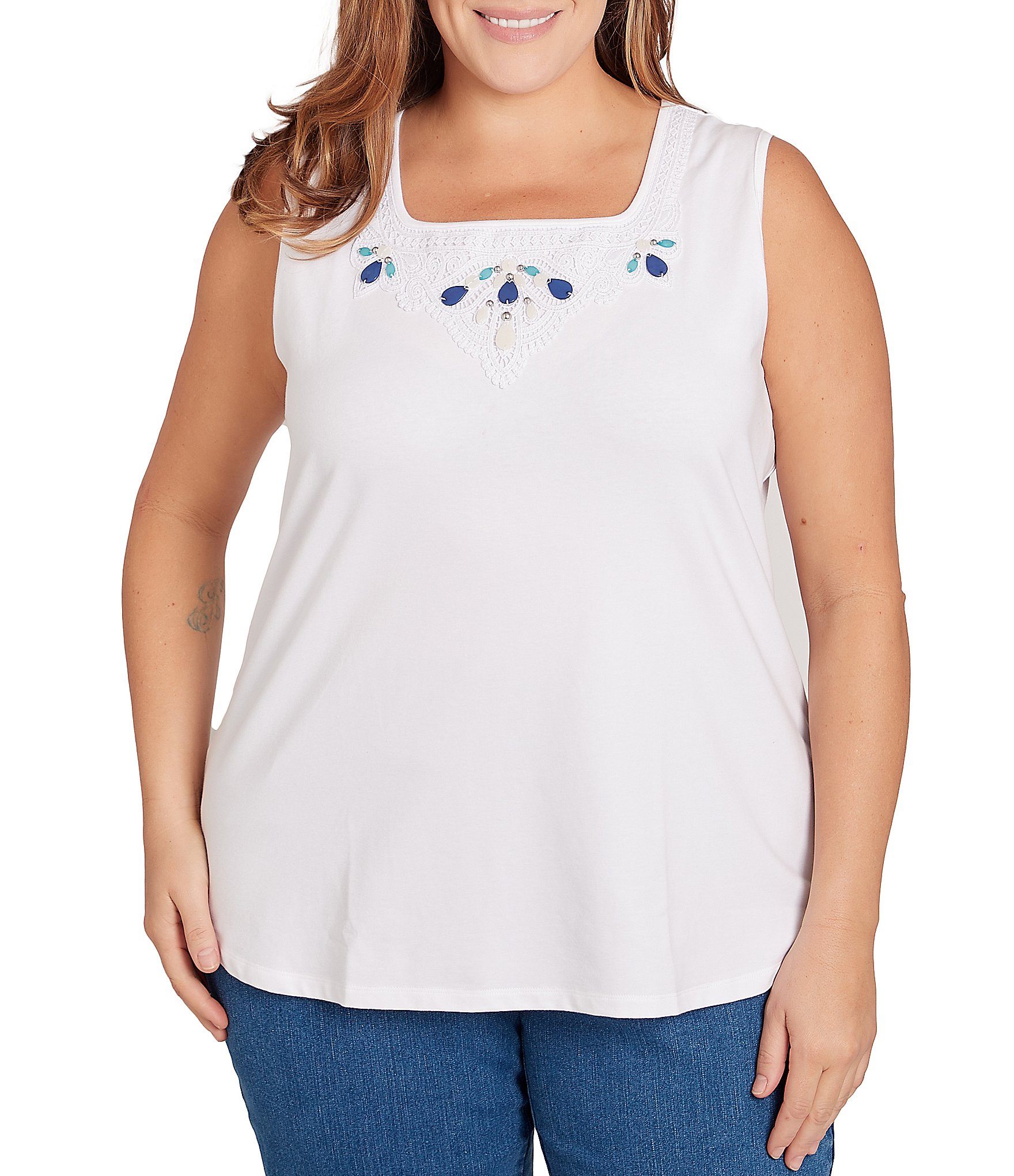 Ruby Rd. Plus Size Knit Embroidered Square Neck Sleeveless Embellished ...