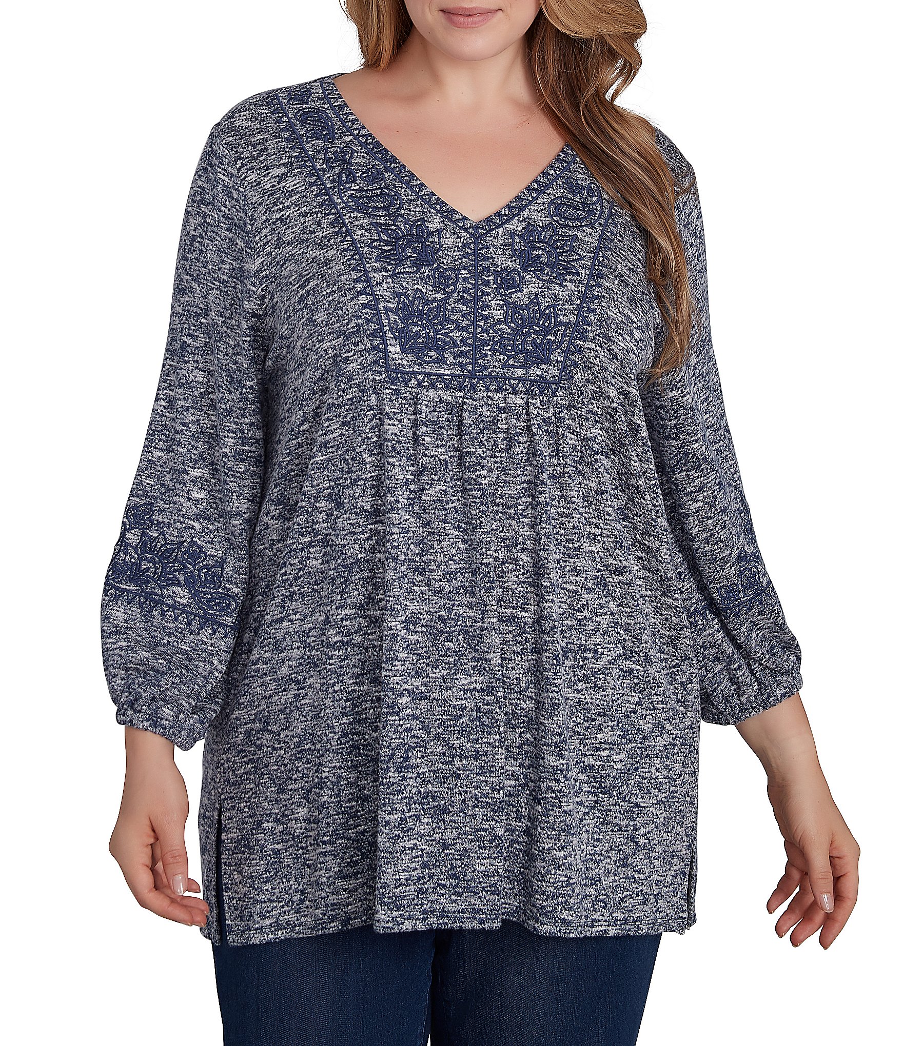 Ruby Rd. Plus Size Knit Embroidered V-Neck 3/4 Sleeve Side Slit Luxe ...