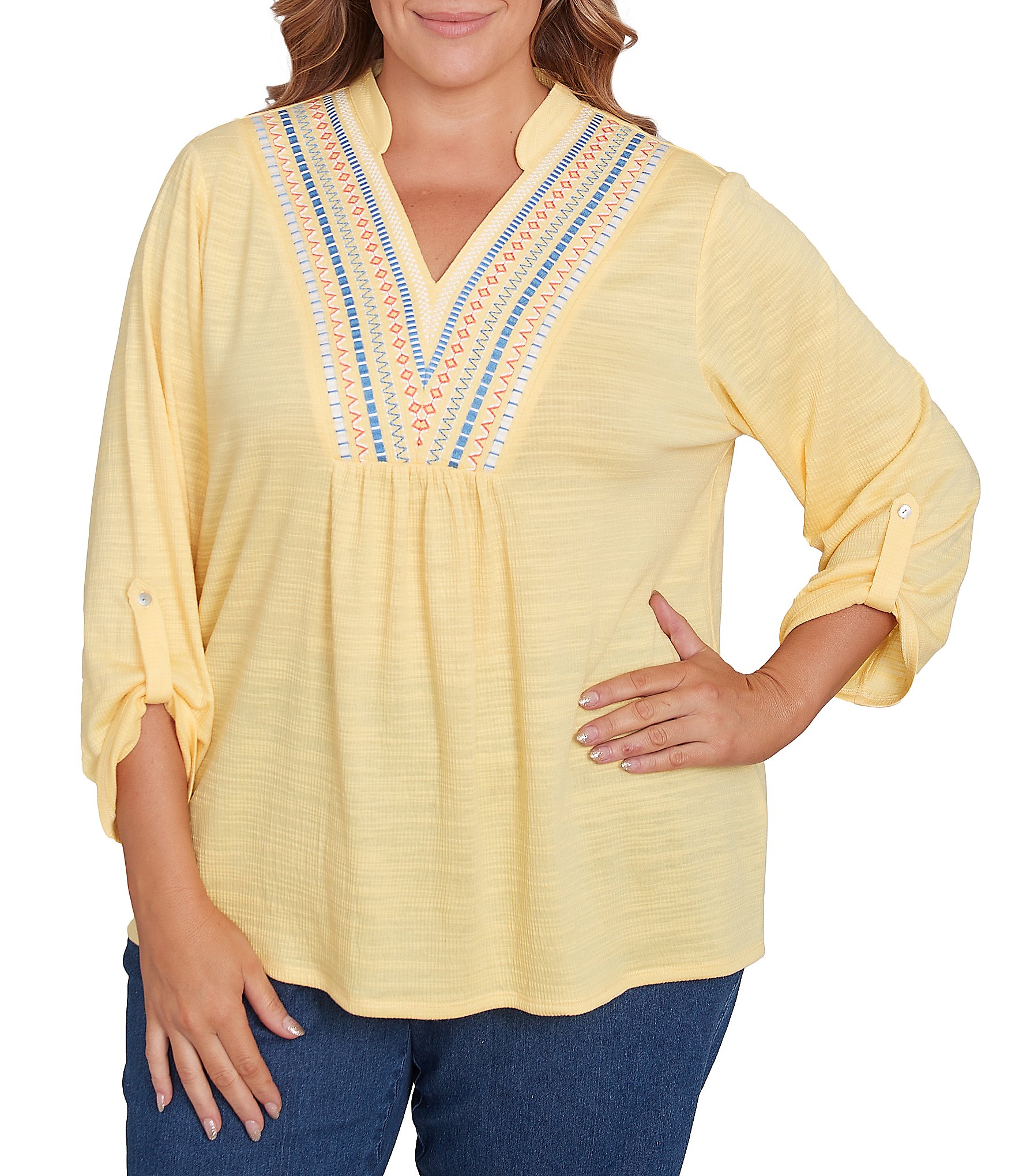 Ruby Rd. Plus Size Knit Embroidery V-Neck 3/4 Roll-Tab Sleeve Top ...