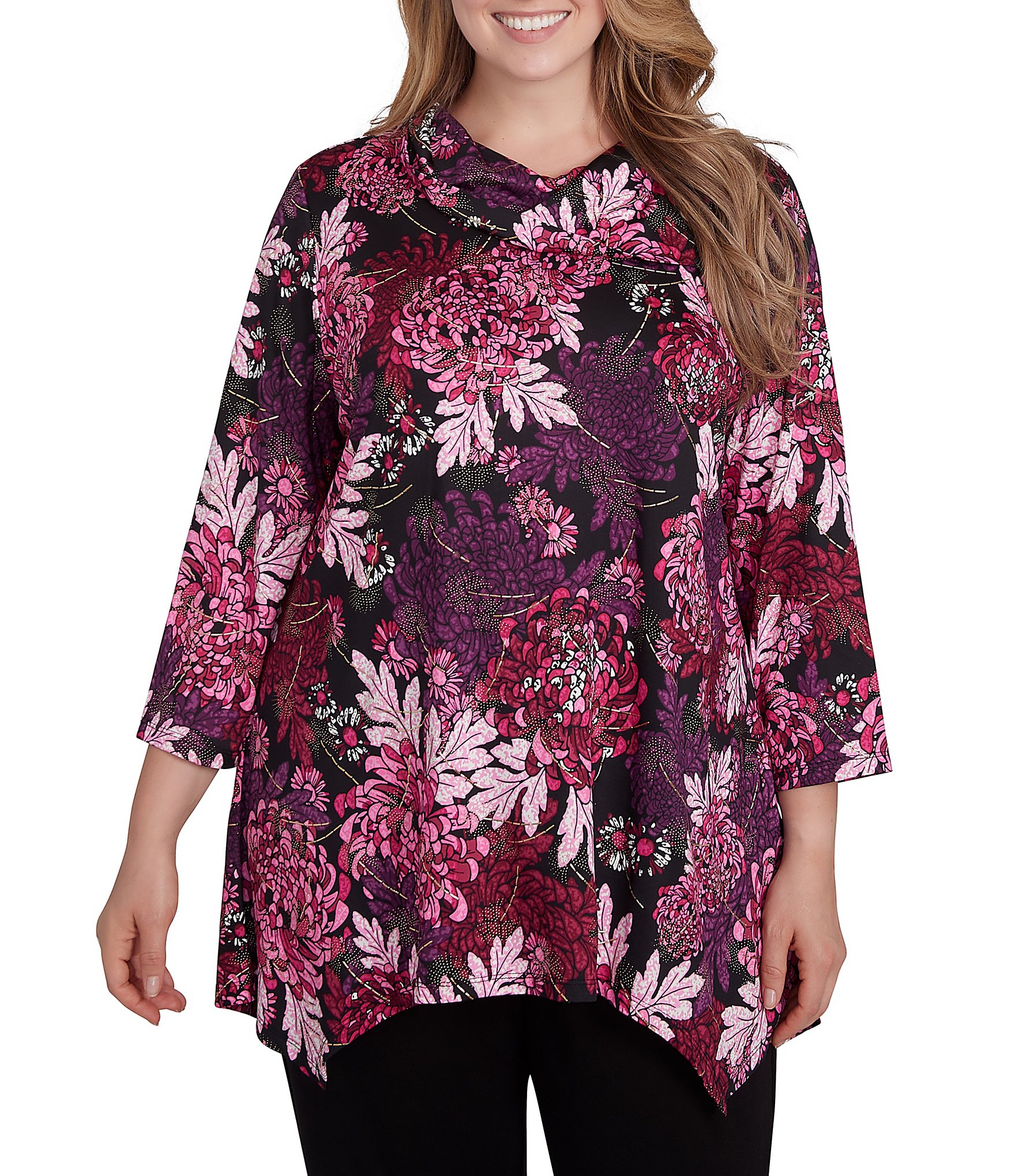 Ruby Rd. Plus Size Knit Floral Cowl Neck 3/4 Sleeve Shark-Bite Hem Dew ...