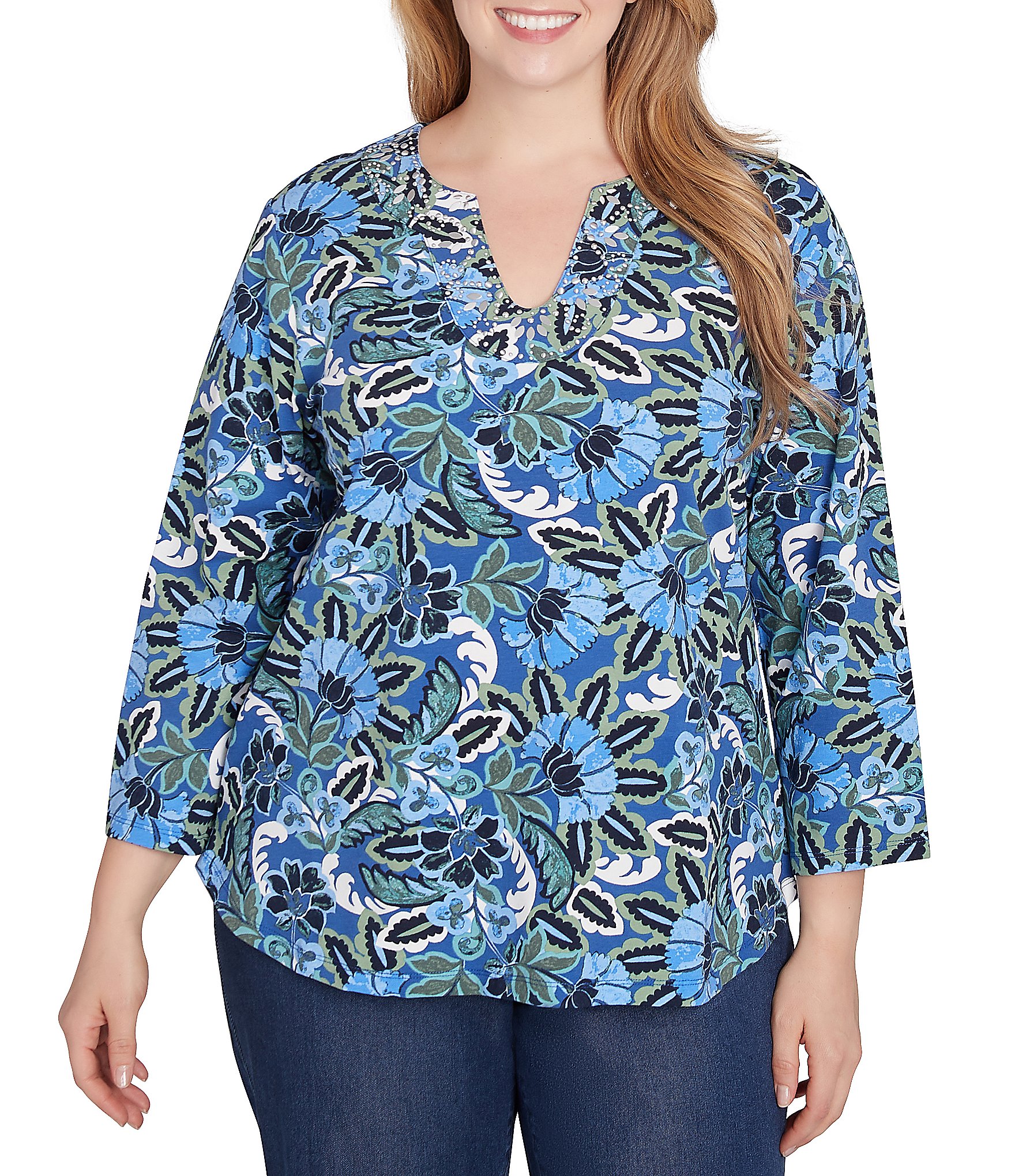 Ruby Rd. Plus Size Knit Floral Embellished Split Neck 3/4 Sleeve Top ...