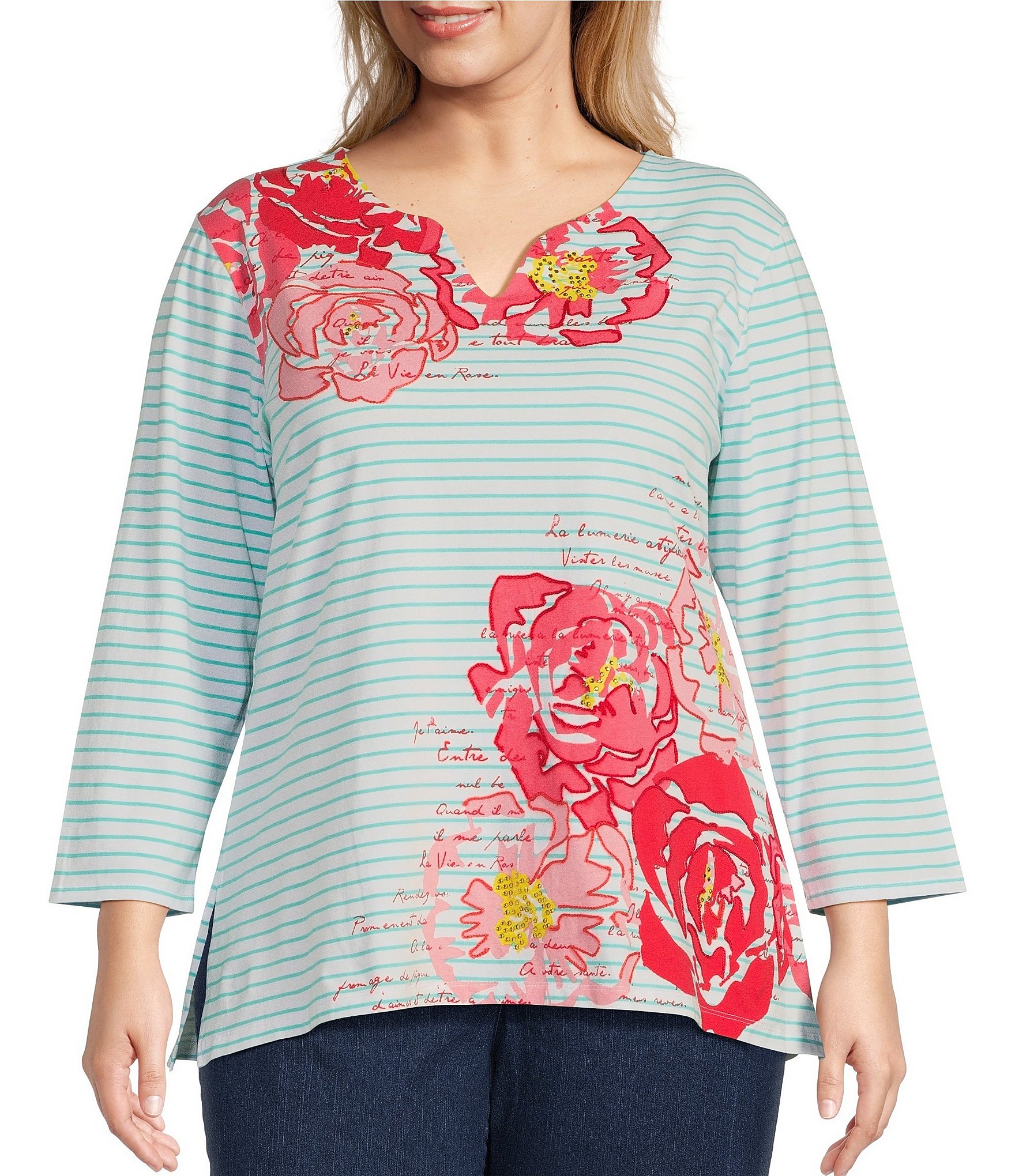 Ruby Rd. Plus Size Knit Floral Embroidered Split Neck 3/4 Sleeve Top ...