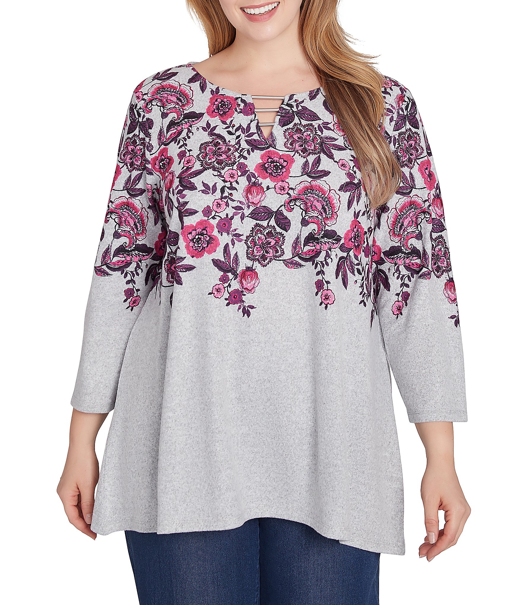 Ruby Rd. Plus Size Knit Floral Vine Split V-Neck 3/4 Sleeve Top | Dillard's